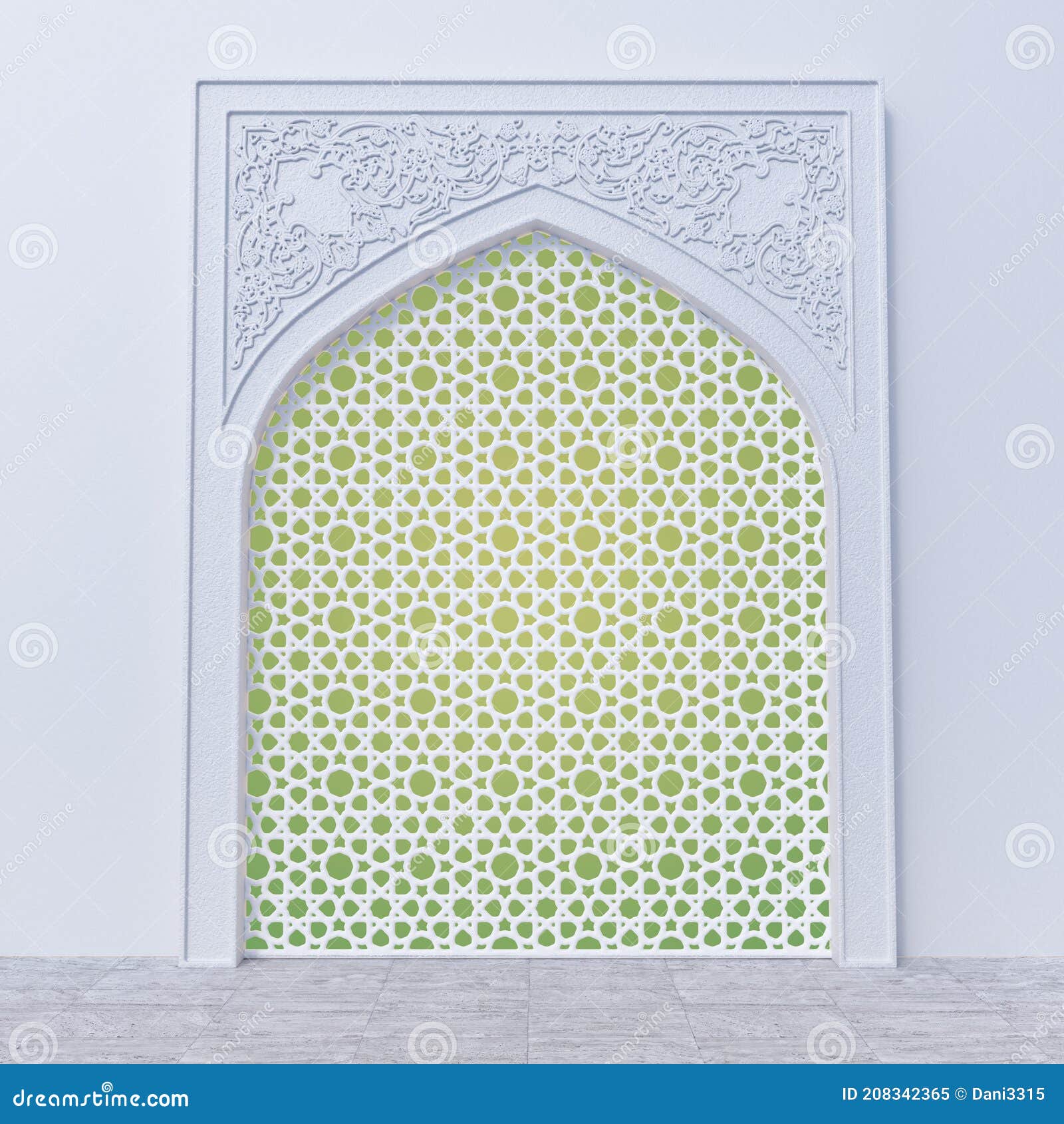 White Islamic Arch with Traditional Floral Design on Top and Arabesque ...