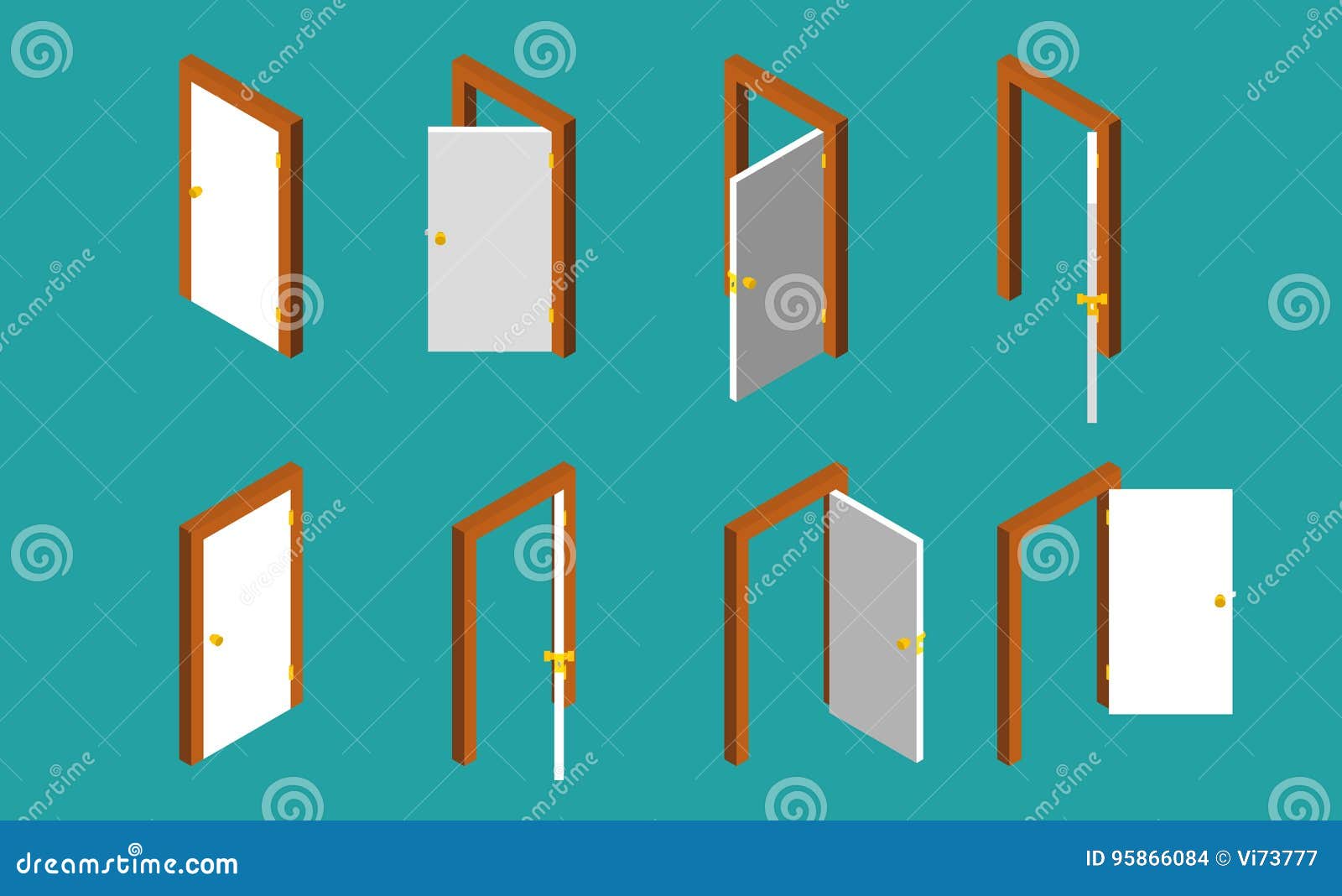 White Isometric Door. Set of the Opened and Closed Doors. Vector ...