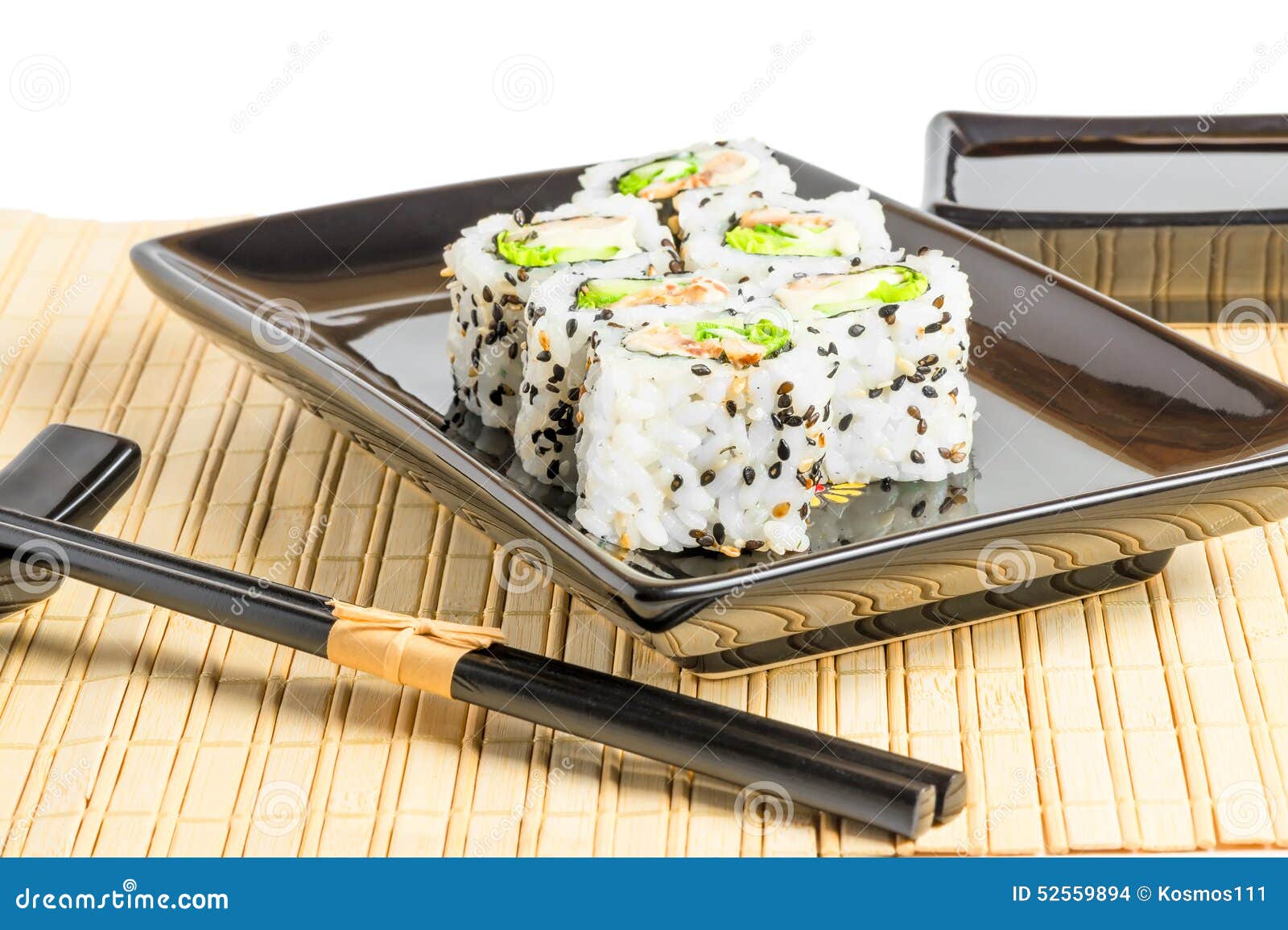 White Japanese Rolls on a Black Dishes Stock Photo - Image of bamboo ...