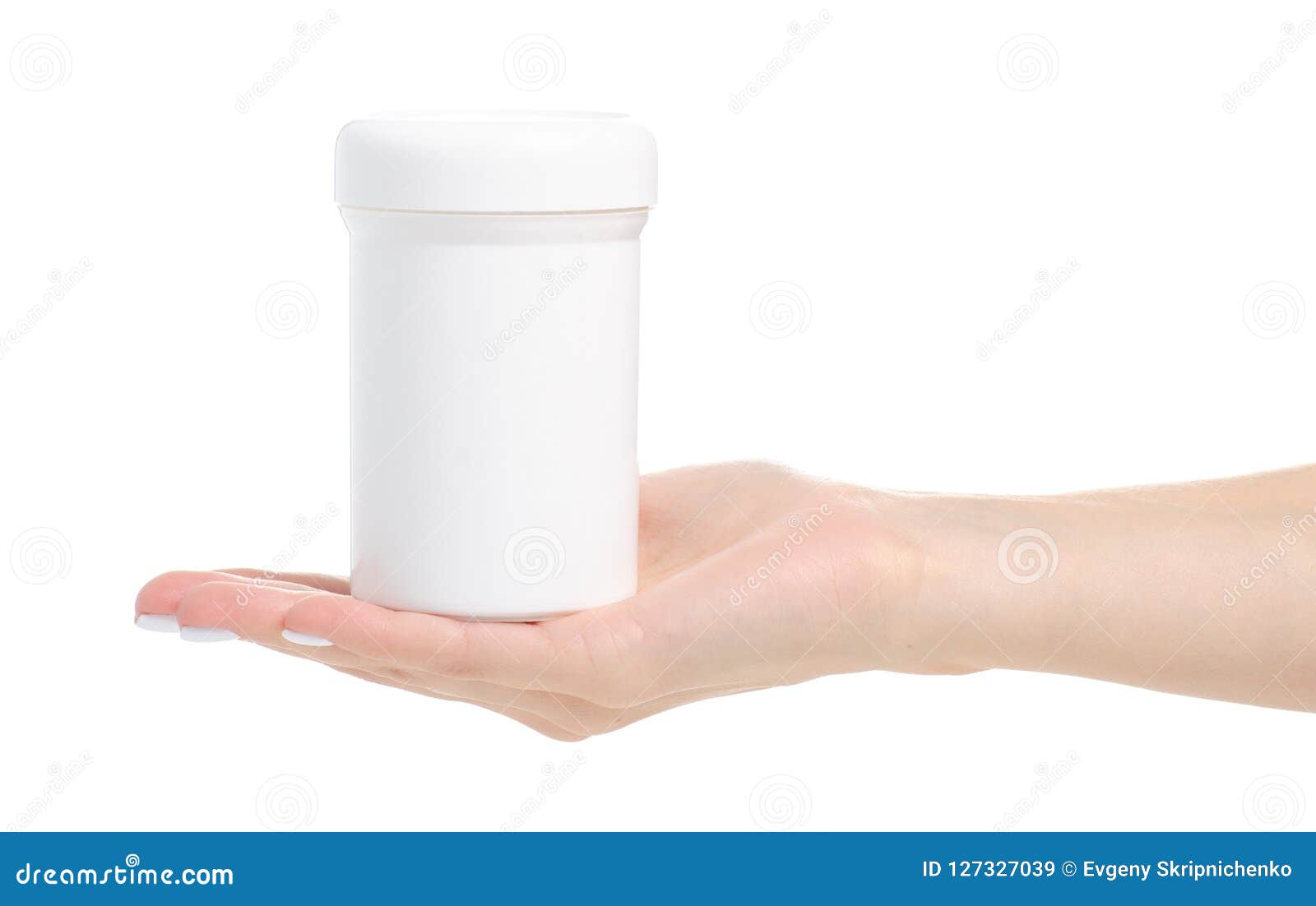 White jar cream in hand stock image. Image of bathroom - 127327039