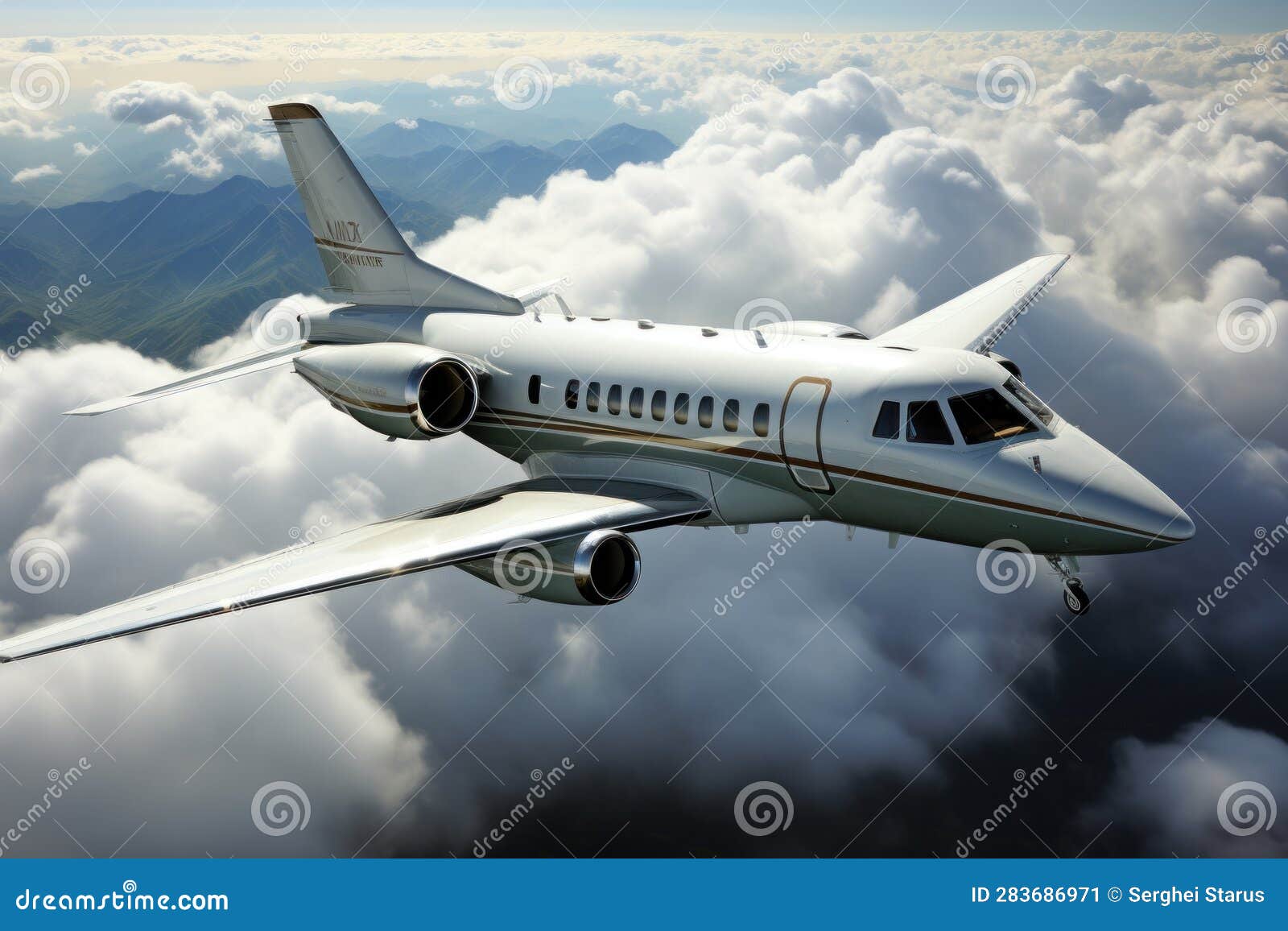 A White Jet Flying through the Clouds with Mountains in the Background ...
