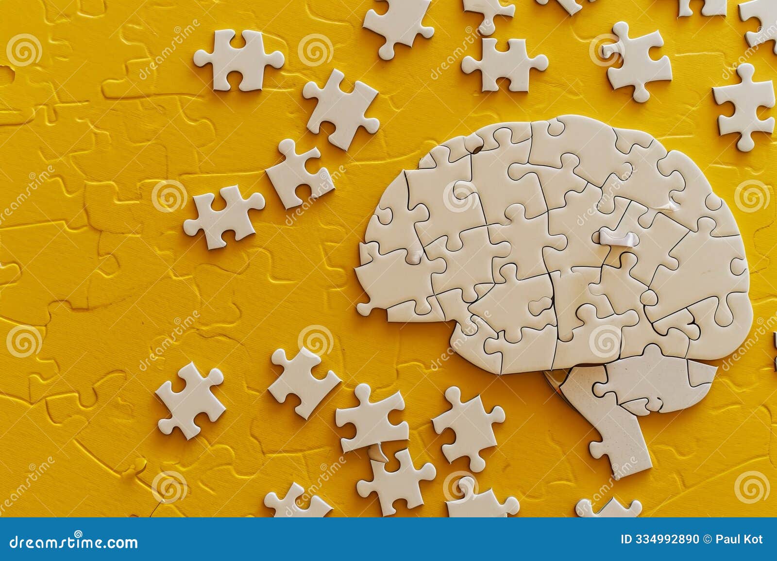 White Jigsaw Puzzle of a Brain on Yellow Background, Missing Piece ...