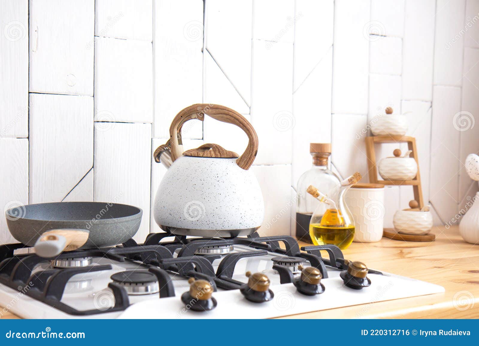 White Kettle Stands on the Stove on the Kitchen in the Morning Stock ...