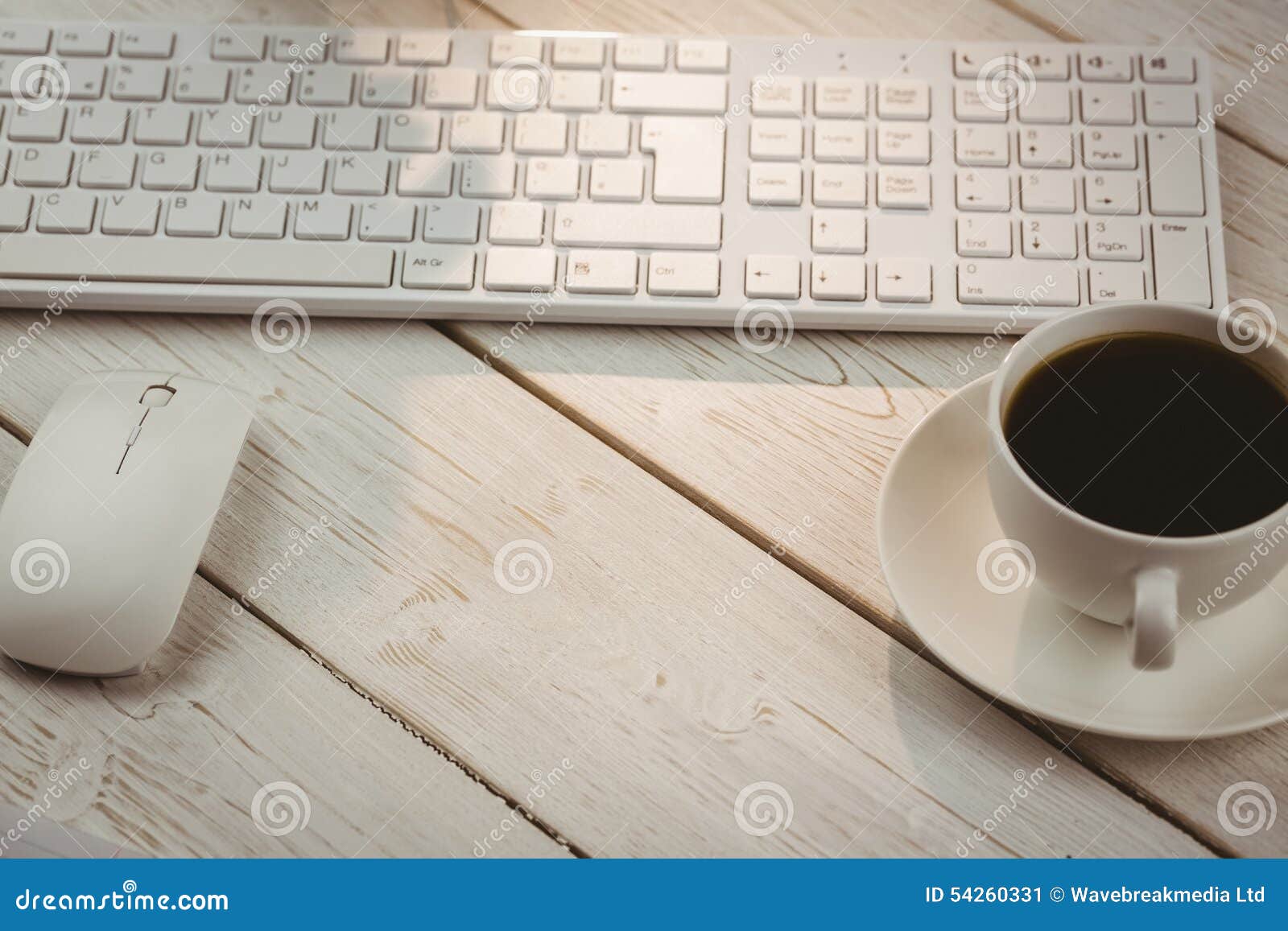 White Keyboard and Cup of Coffee Stock Image - Image of wood, table ...