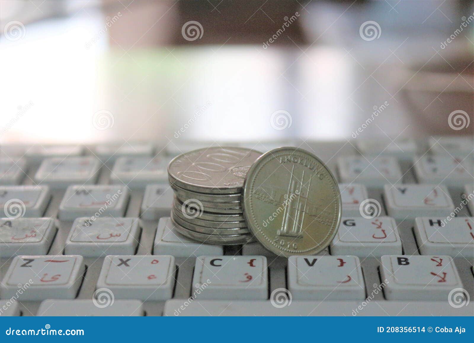 White Keyboard Image with Coins for Background Stock Photo - Image of ...