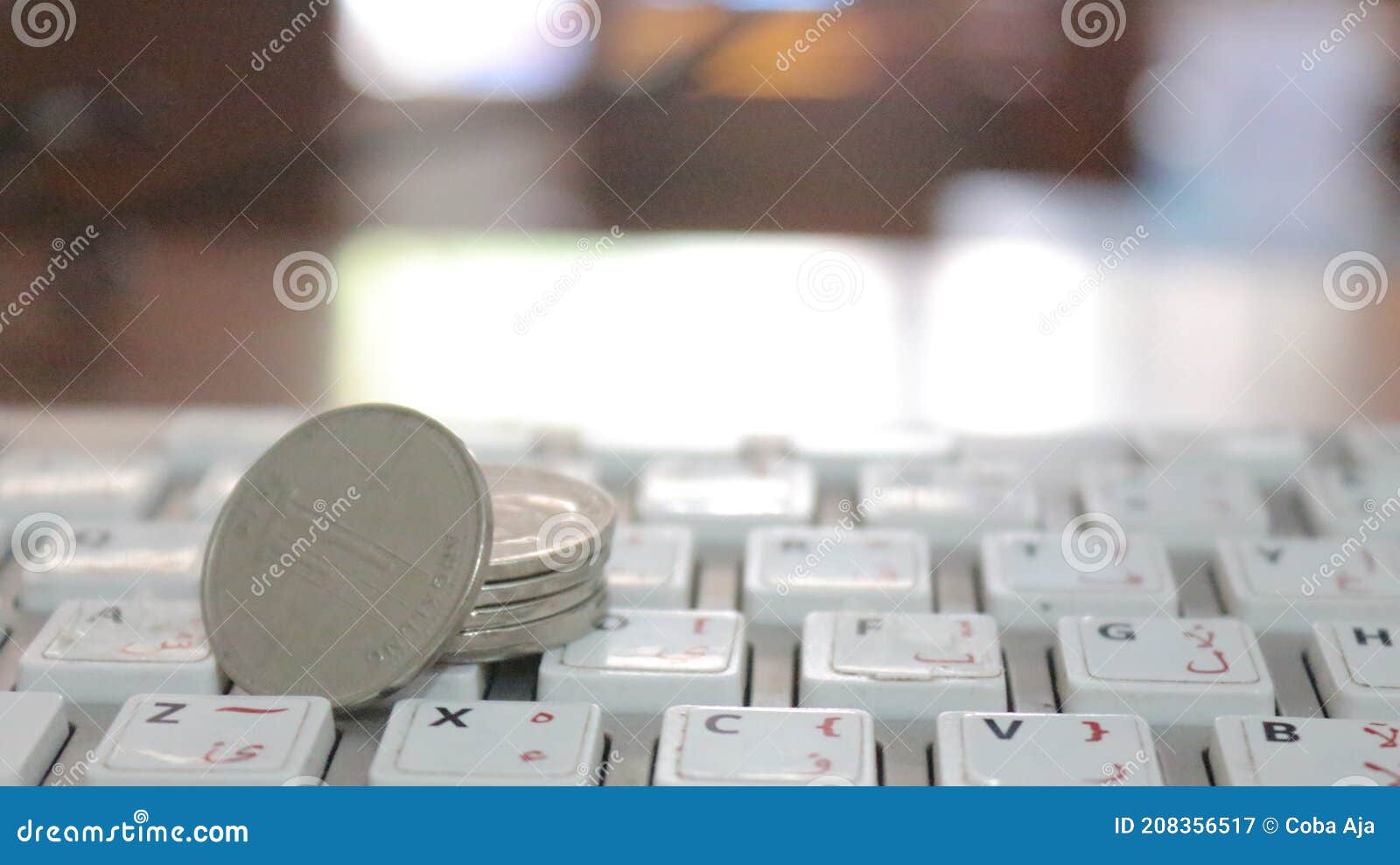 White Keyboard Image with Coins for Background Stock Image - Image of ...
