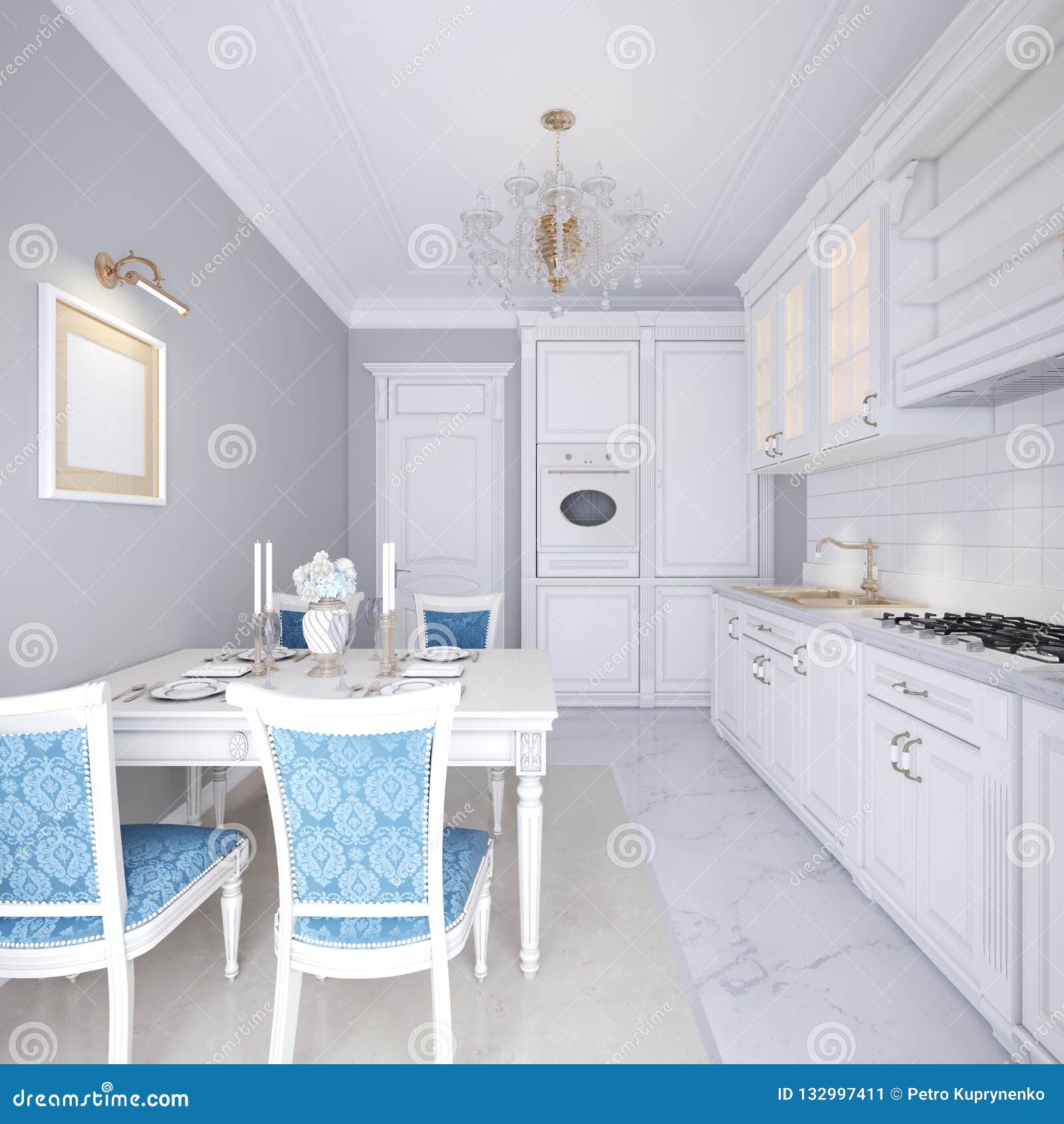 White Kitchen with Dining Table in a Classic Style. the Bright Interior ...