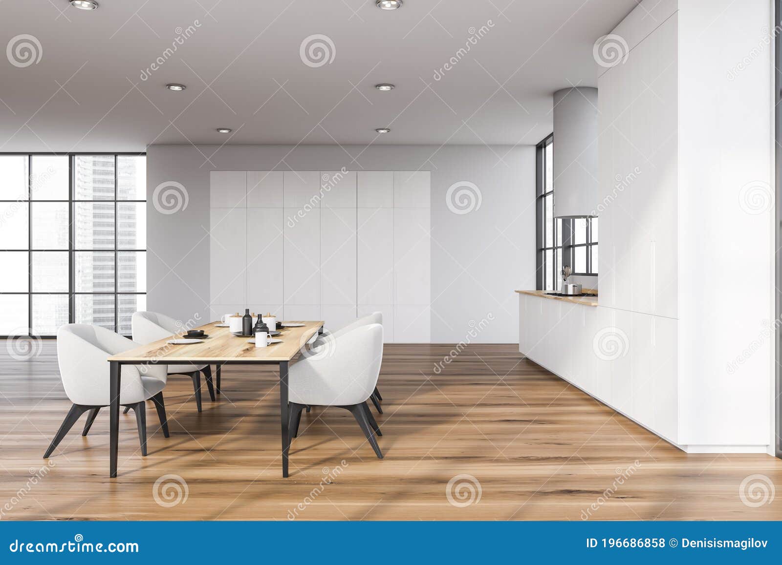 White Kitchen with Dining Table, Side View Stock Illustration ...
