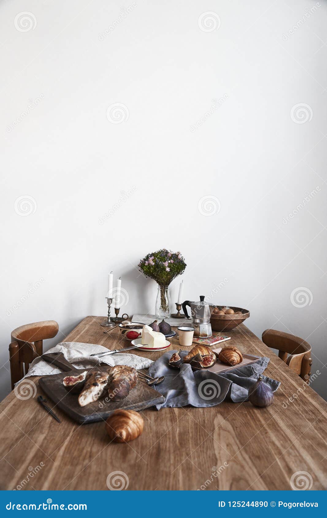 White Kitchen Interior with Provence Breakfast on Wooden Table, Empty ...