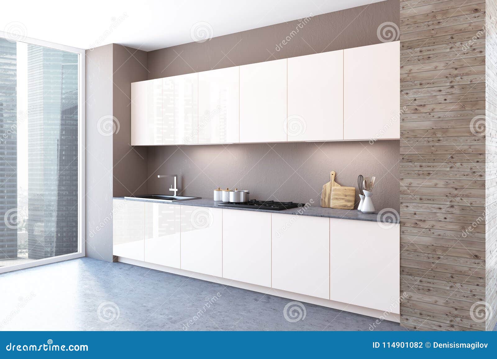 White Kitchen Interior, Side View Stock Illustration - Illustration of ...