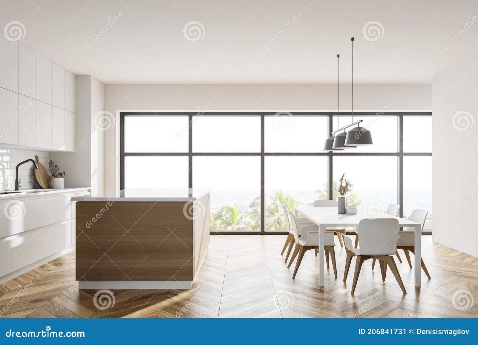 White Kitchen Interior with Table, Side View Stock Illustration ...