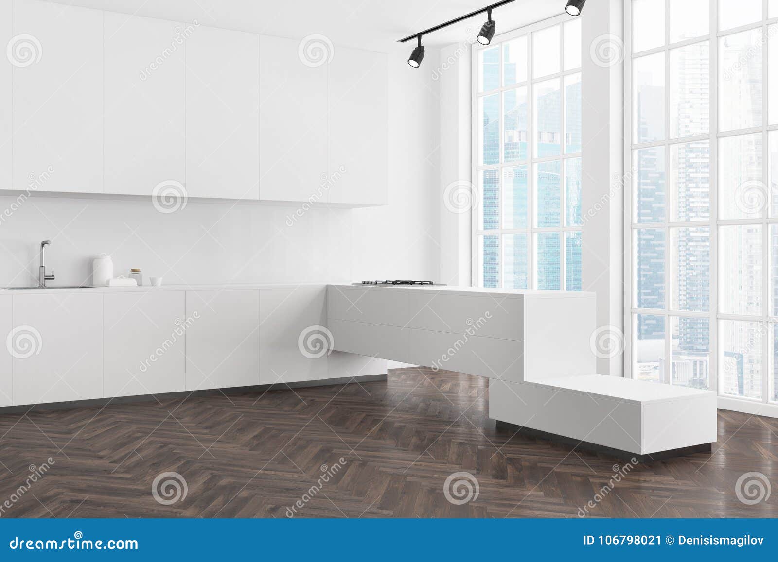 White Kitchen Interior, Side View Stock Illustration - Illustration of ...
