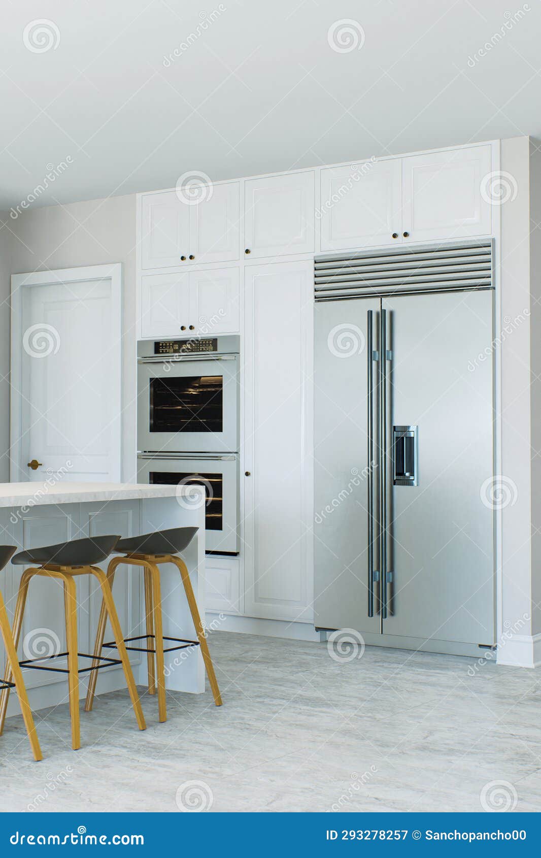 Bright Kitchen with Focus on Large Refrigerator. 3D Rendering Stock ...