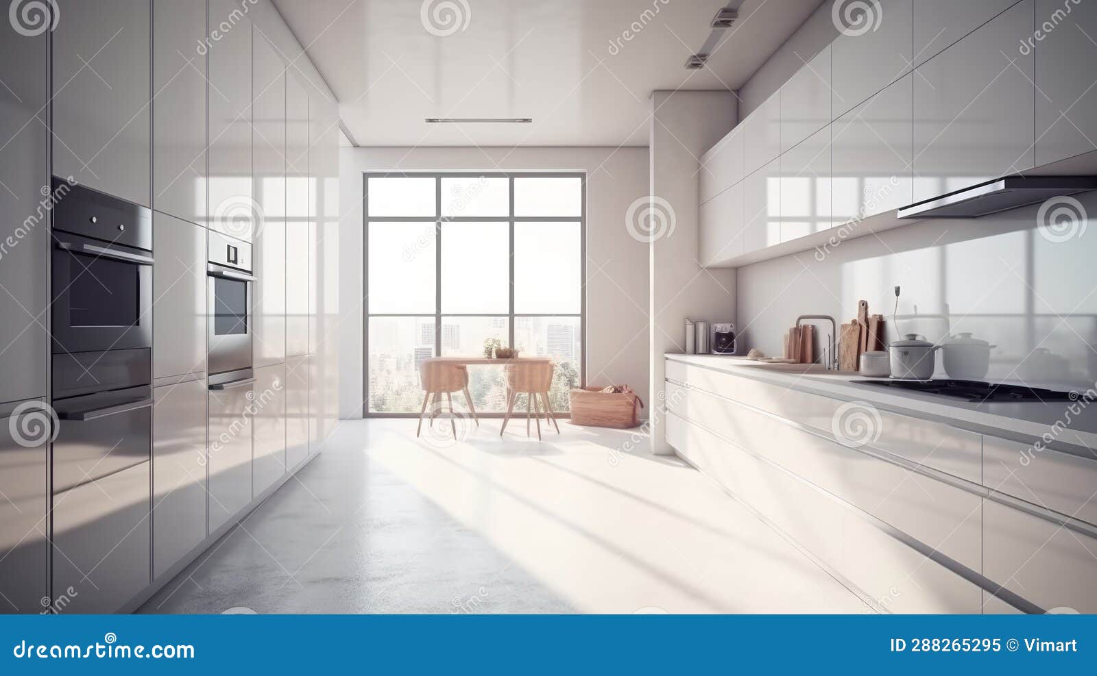 White Kitchen With White Modern Interior And Panoramic Windows Royalty ...