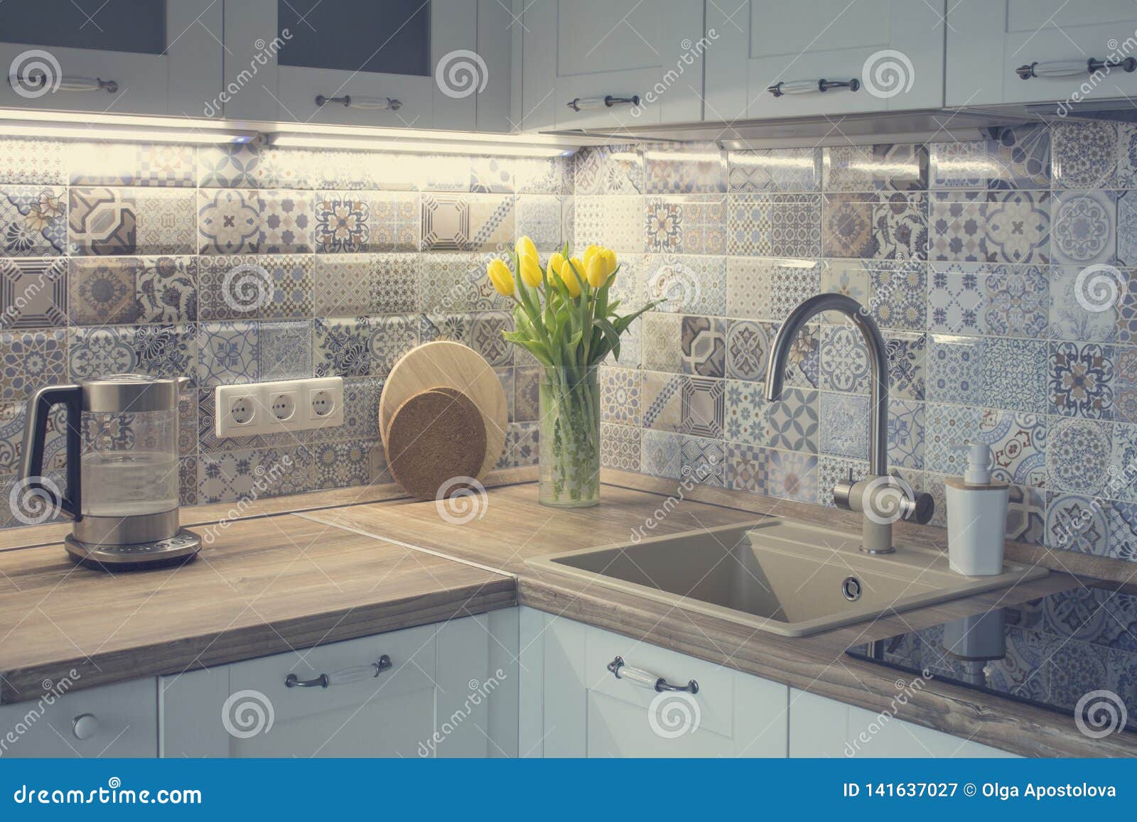 White Kitchen with Patchwork Tile Stock Image - Image of comfortable ...