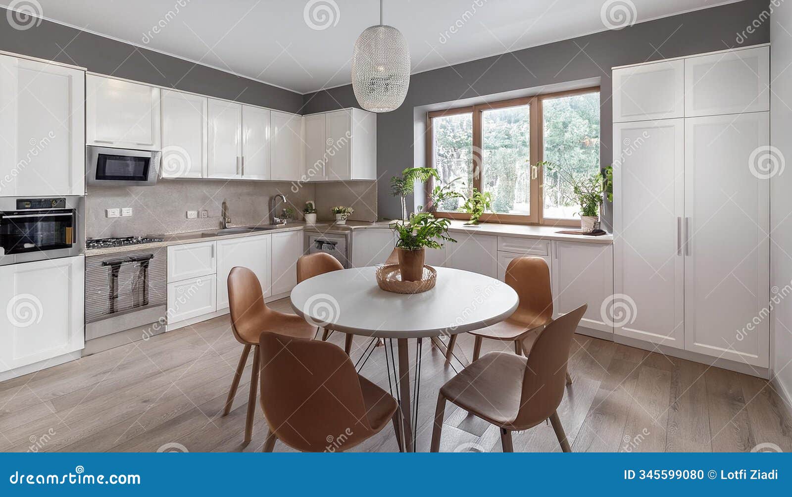 White Kitchen with Round Dining Table and Fridge Stock Illustration ...