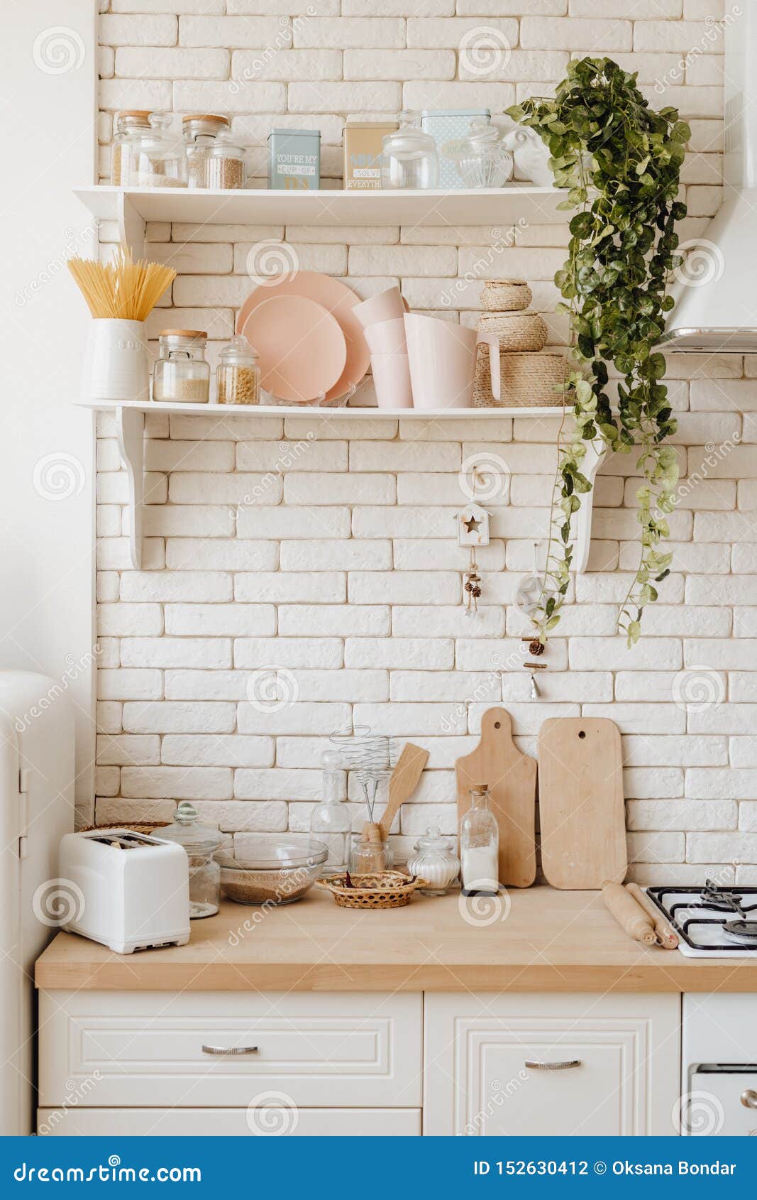 White Kitchen Utensil Shelf Interior Background Stock Photo - Image of ...