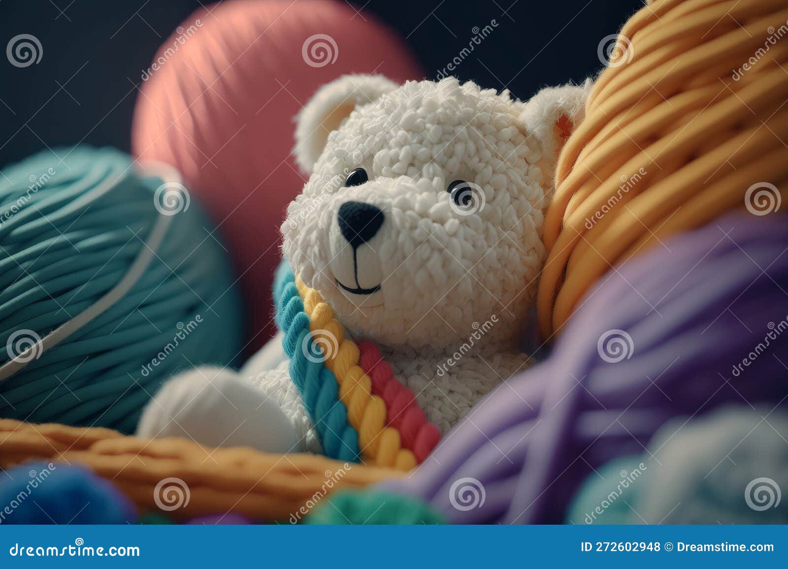 White Knitted Bear in Balls of Thread Generative AI Stock Illustration ...