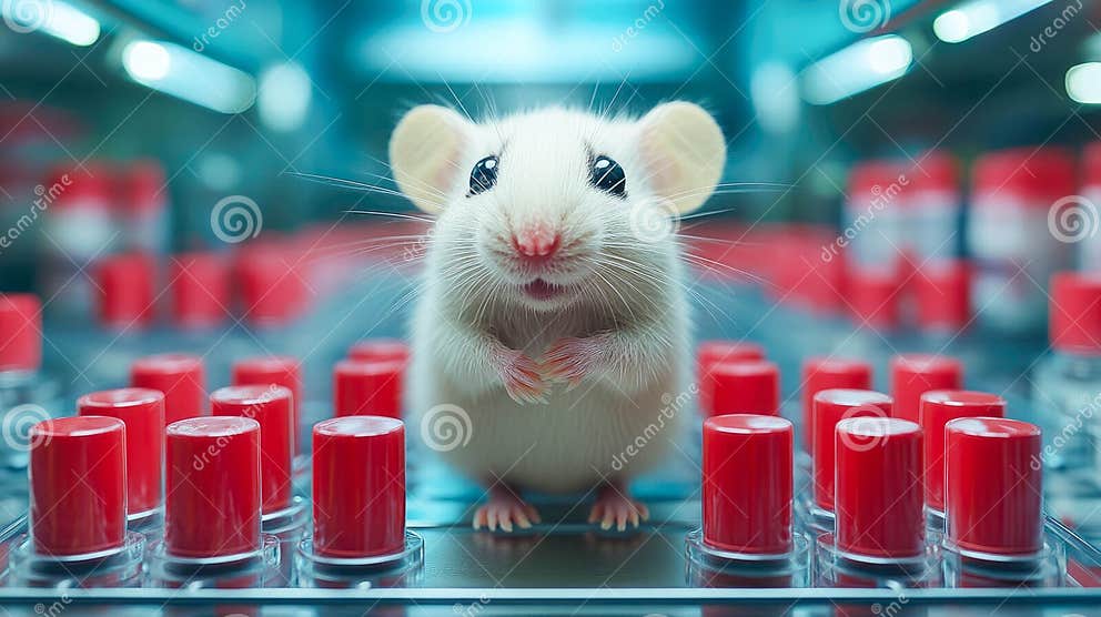A White Lab Mouse on a Red Button in a Sterile Lab, Symbolizing ...
