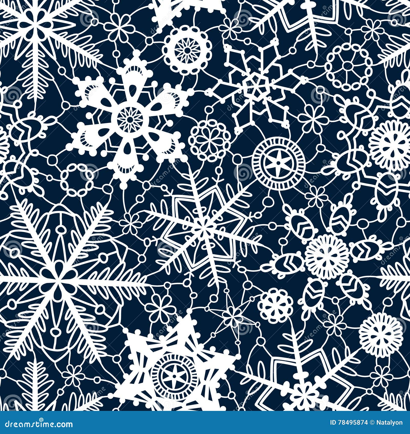 White Lace Crochet Snowflakes Seamless Pattern on Navy Blue, Vector ...