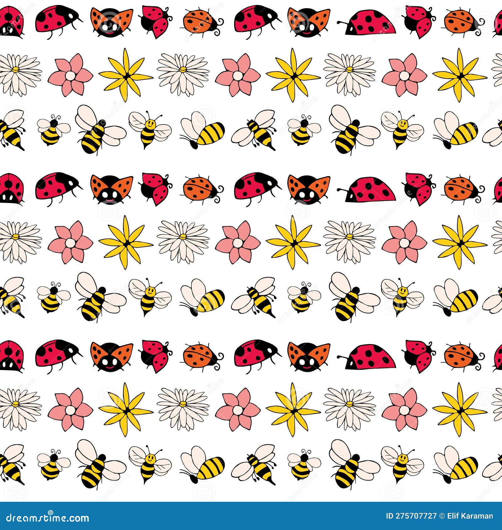 White Ladybugs and Bees Seamless Pattern Background. Summer Pattern ...