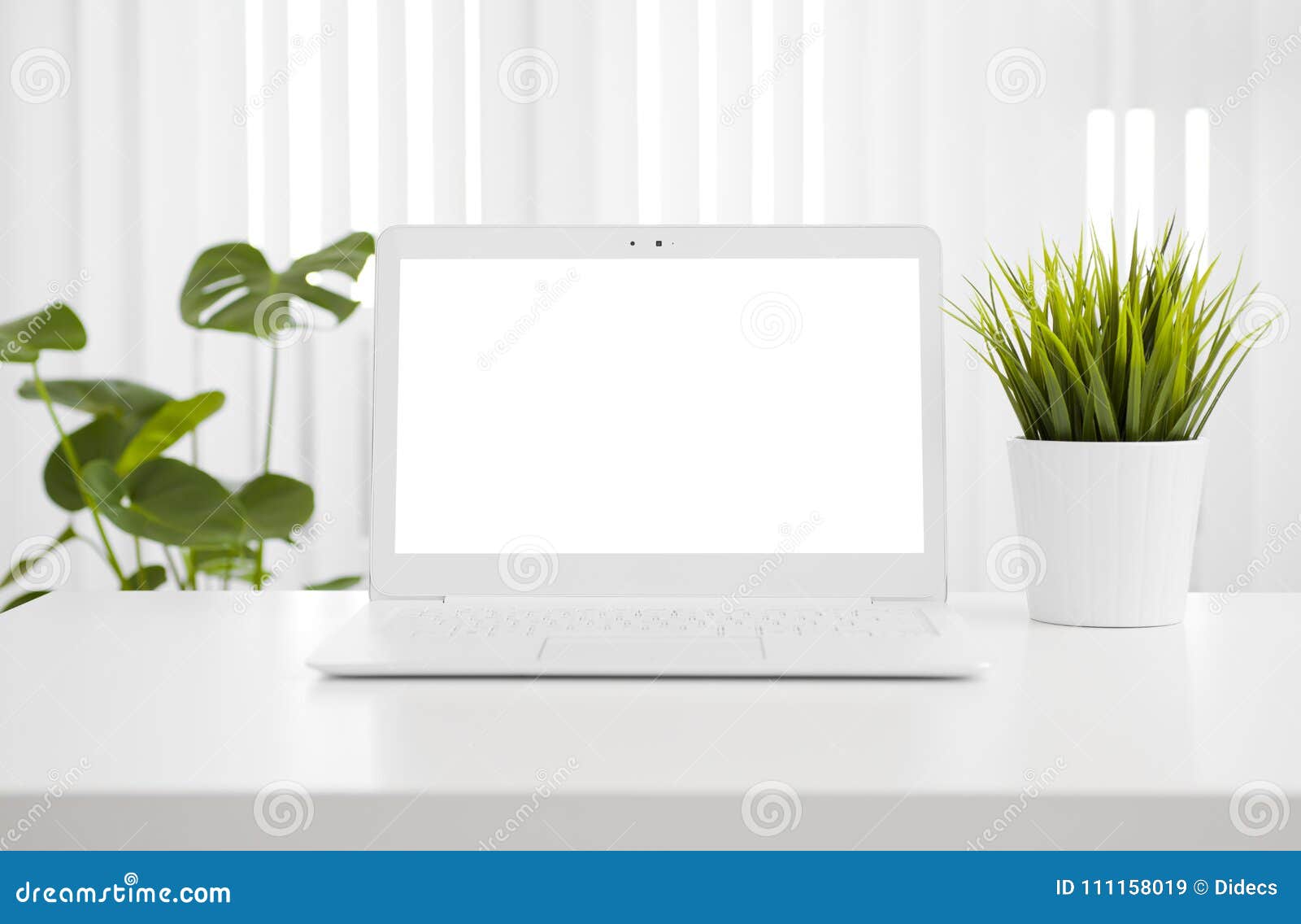 White Laptop Computer Mockup with Blank Screen on Office Table Stock ...