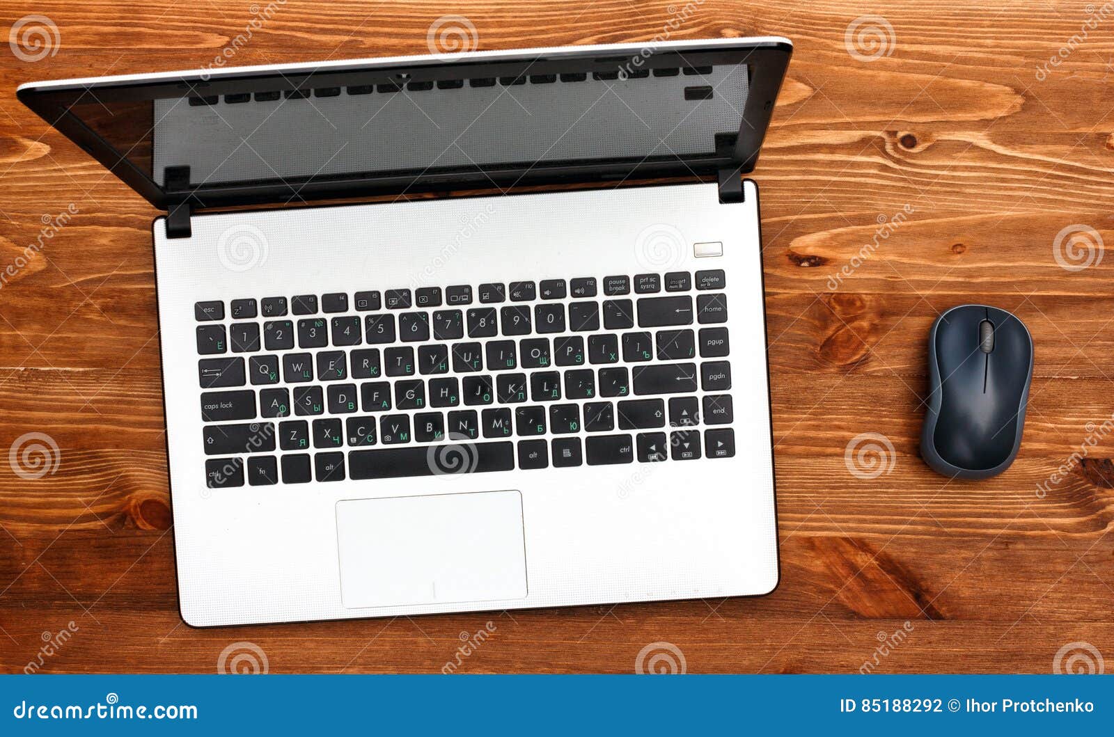 White Laptop, Computer Mouse. Brown Wooden Table Stock Photo - Image of ...