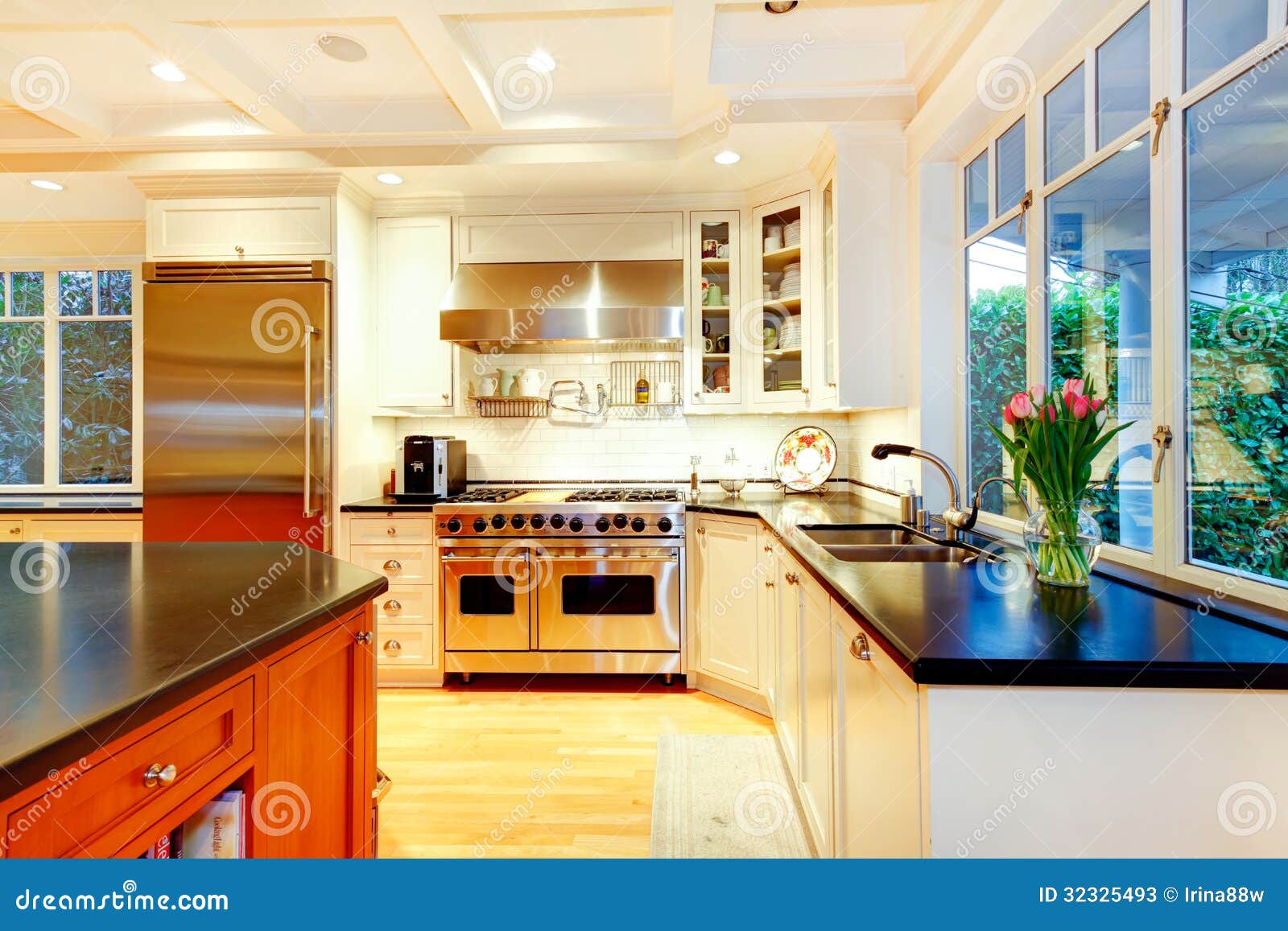 White Large Luxury Kitchen with Huge Stove and Refrigerator. Stock ...