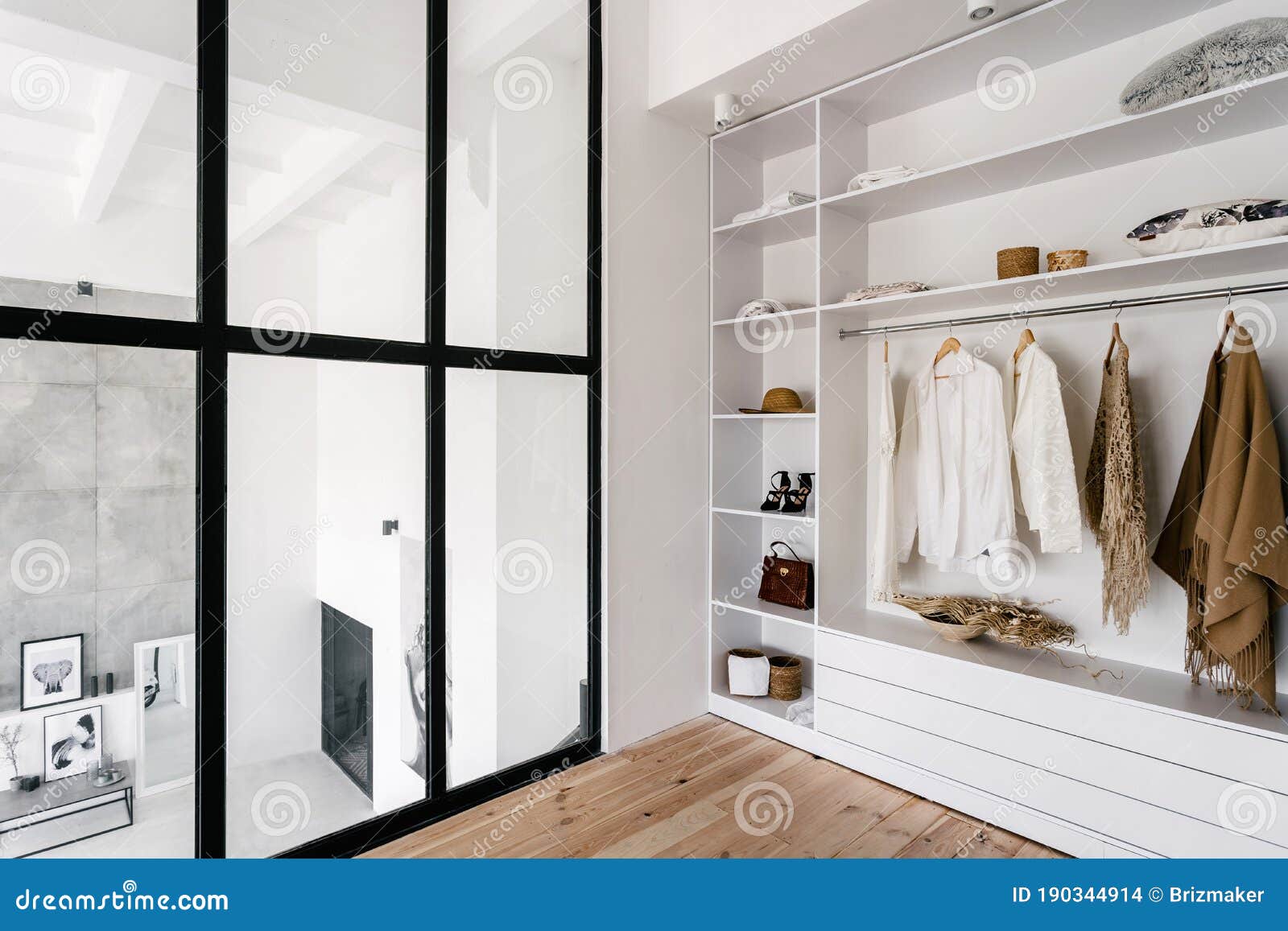 White and Large Wardrobe Closet in Dressing Room Stock Photo - Image of ...