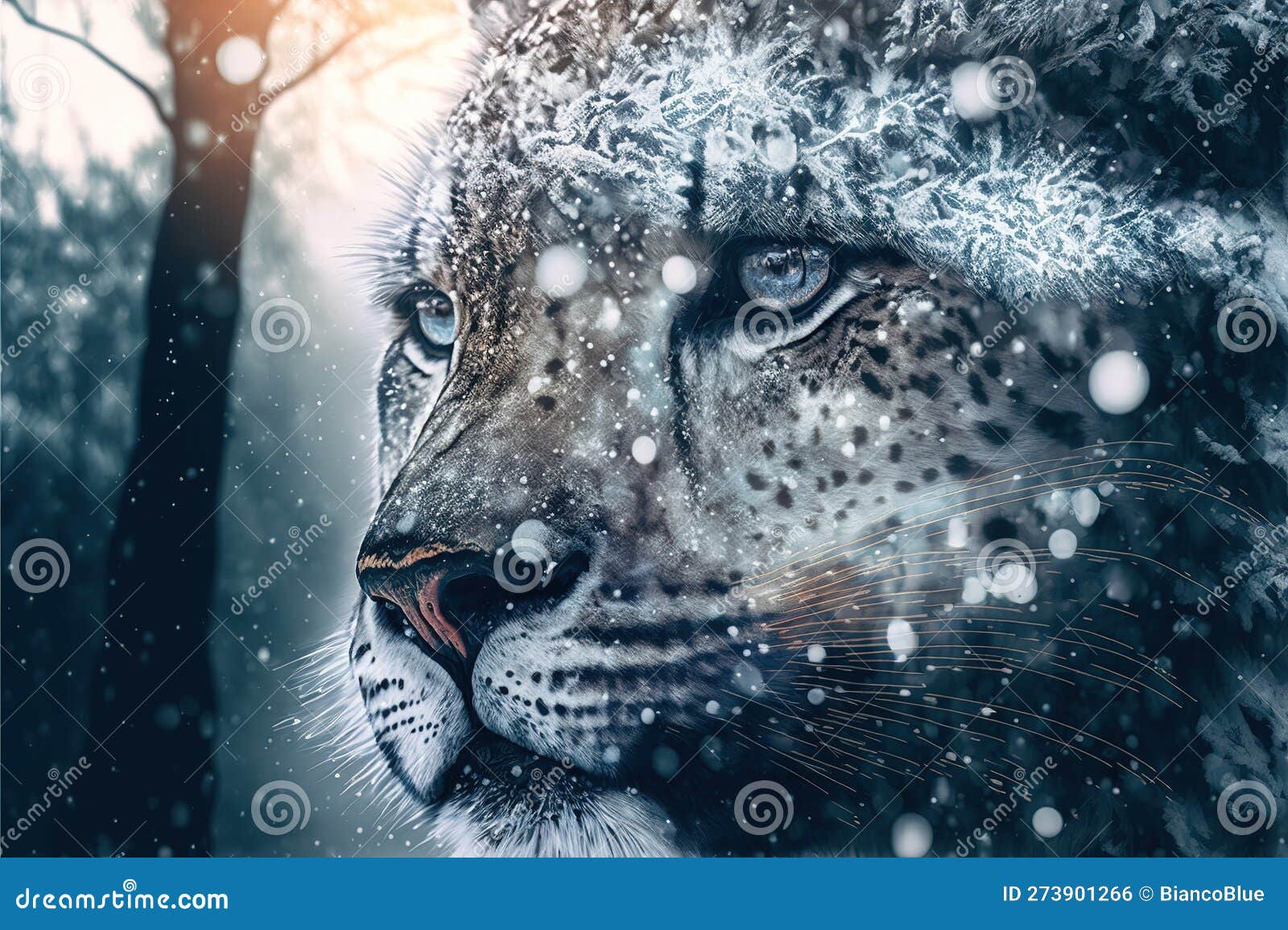 White Leopard Face in Snow Winter Forest, Predator in Wilderness Stock ...