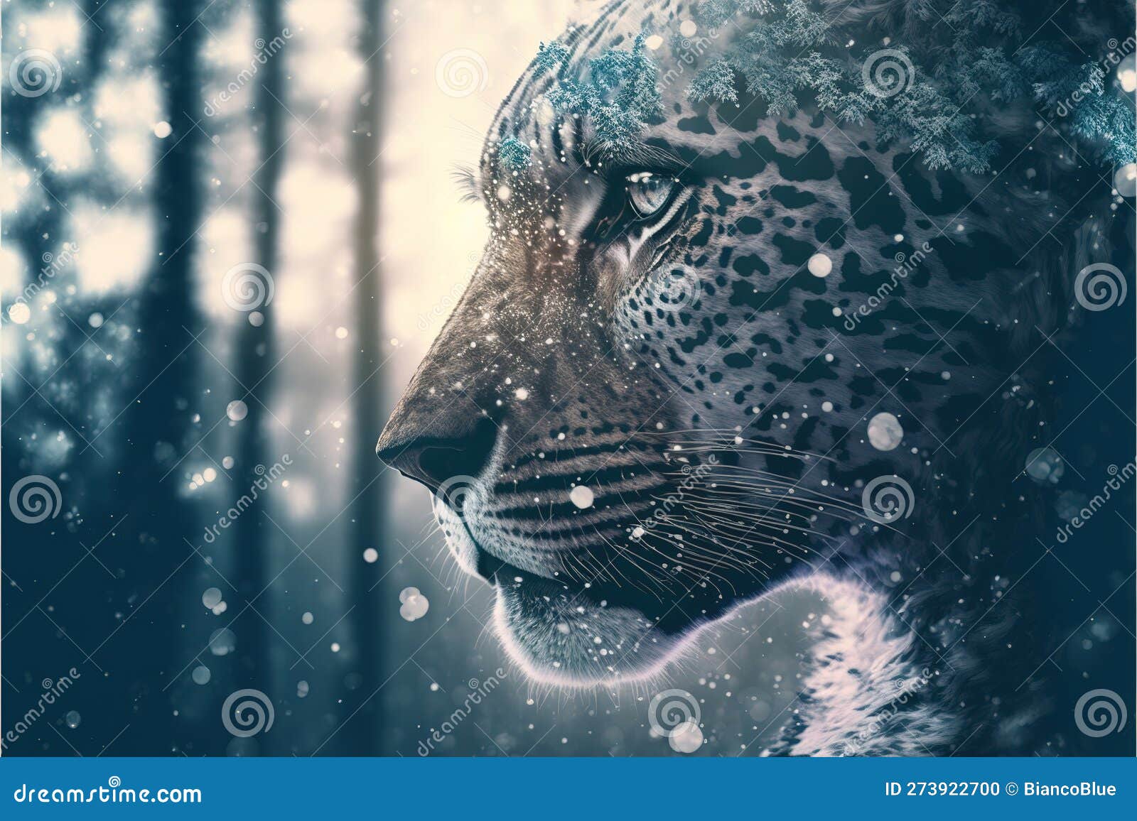 White Leopard Face in Snow Winter Forest, Predator in Wilderness Stock ...