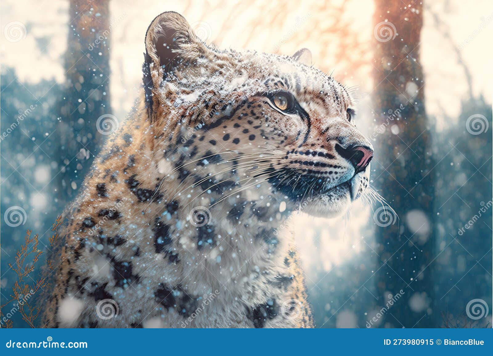 White Leopard Face in Snow Winter Forest, Predator in Wilderness Stock ...