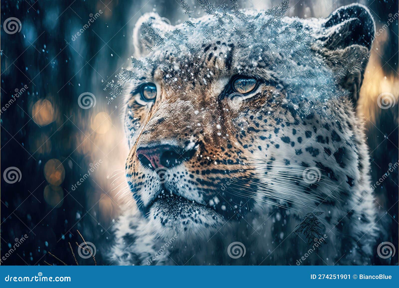 White Leopard Face in Snow Winter Forest, Predator in Wilderness Stock ...