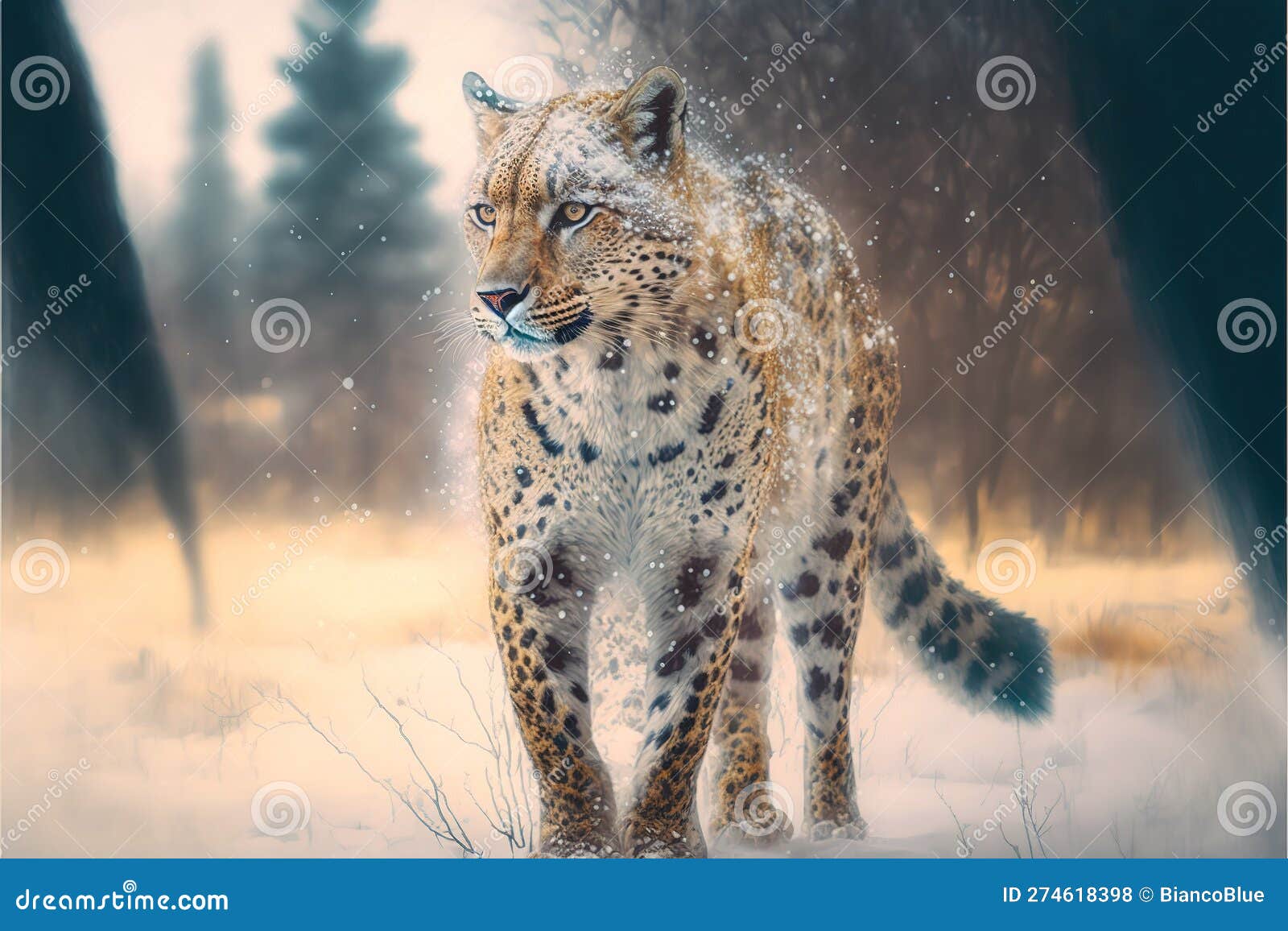 White Leopard Face in Snow Winter Forest, Predator in Wilderness Stock ...