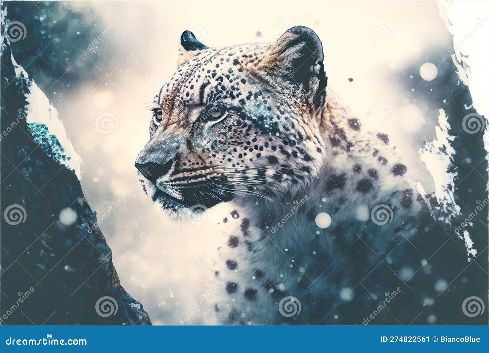 White Leopard Face in Snow Winter Forest, Predator in Wilderness Stock ...