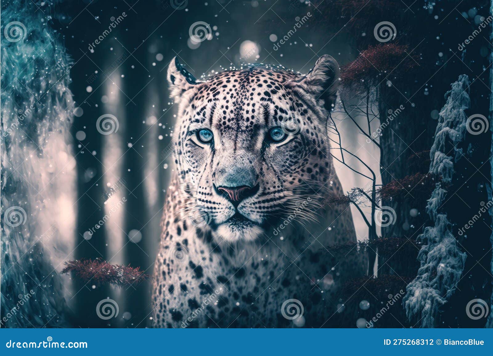 White Leopard Face in Snow Winter Forest, Predator in Wilderness Stock ...