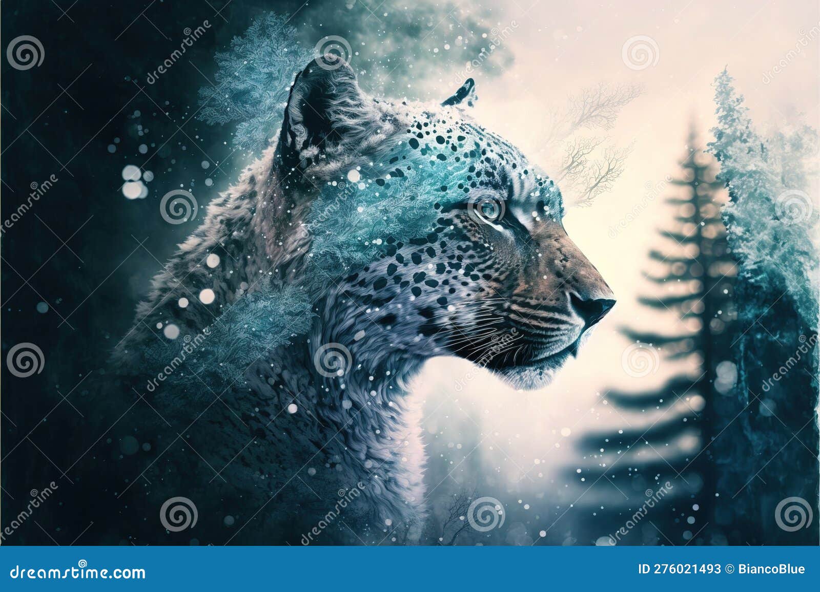 White Leopard Face in Snow Winter Forest, Predator in Wilderness Stock ...
