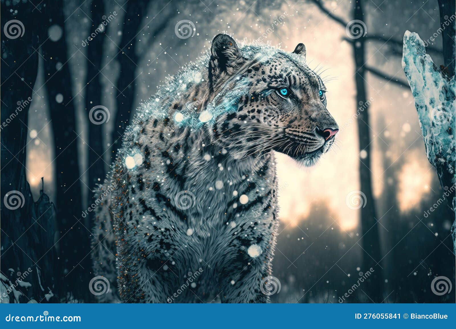 White Leopard Face in Snow Winter Forest, Predator in Wilderness Stock ...