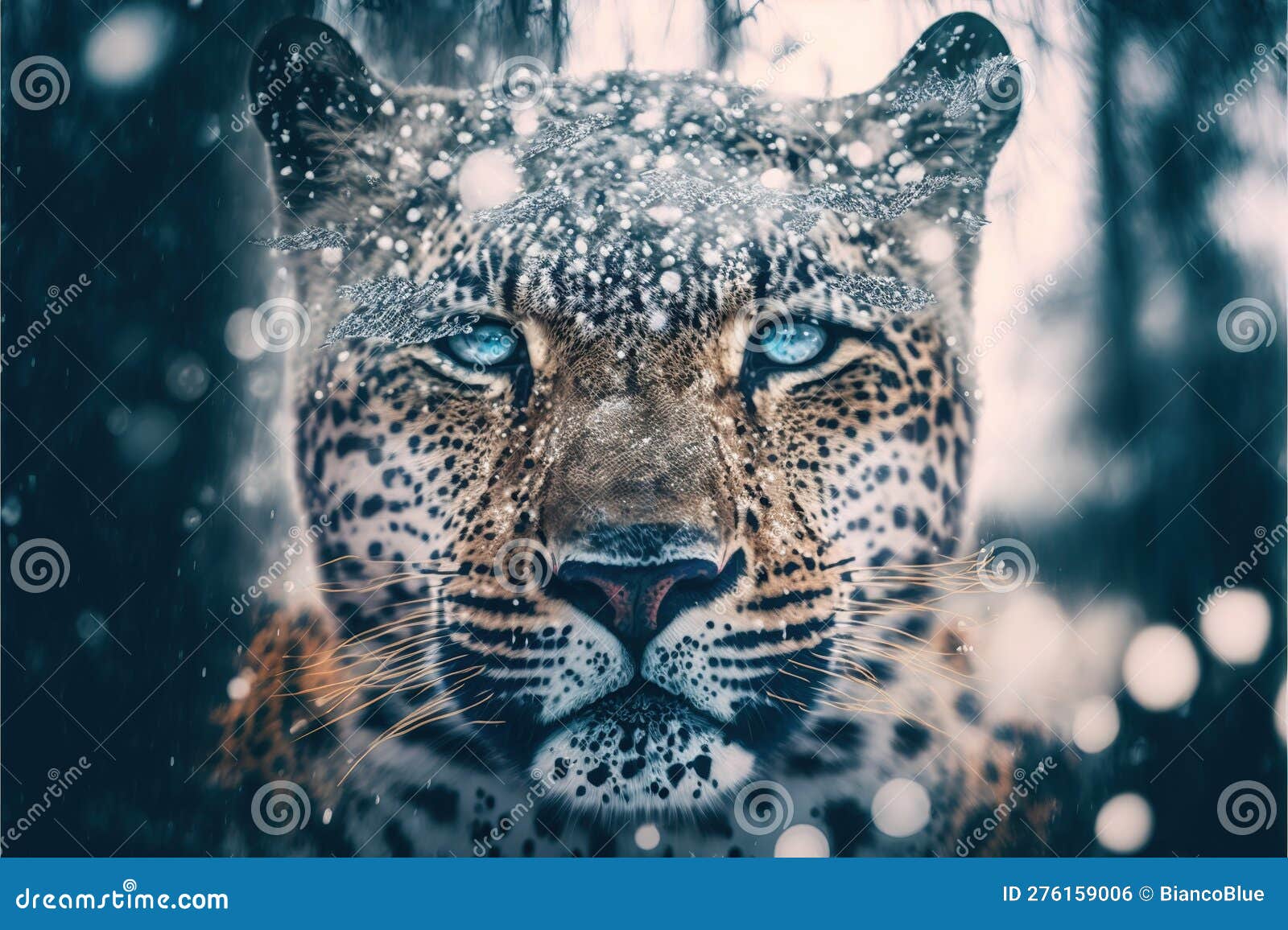 White Leopard Face in Snow Winter Forest, Predator in Wilderness Stock ...