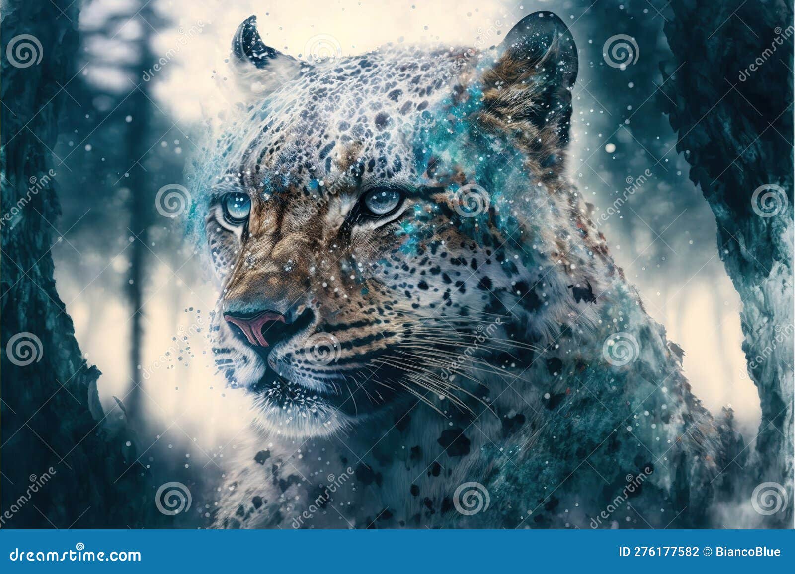 White Leopard Face in Snow Winter Forest, Predator in Wilderness Stock ...