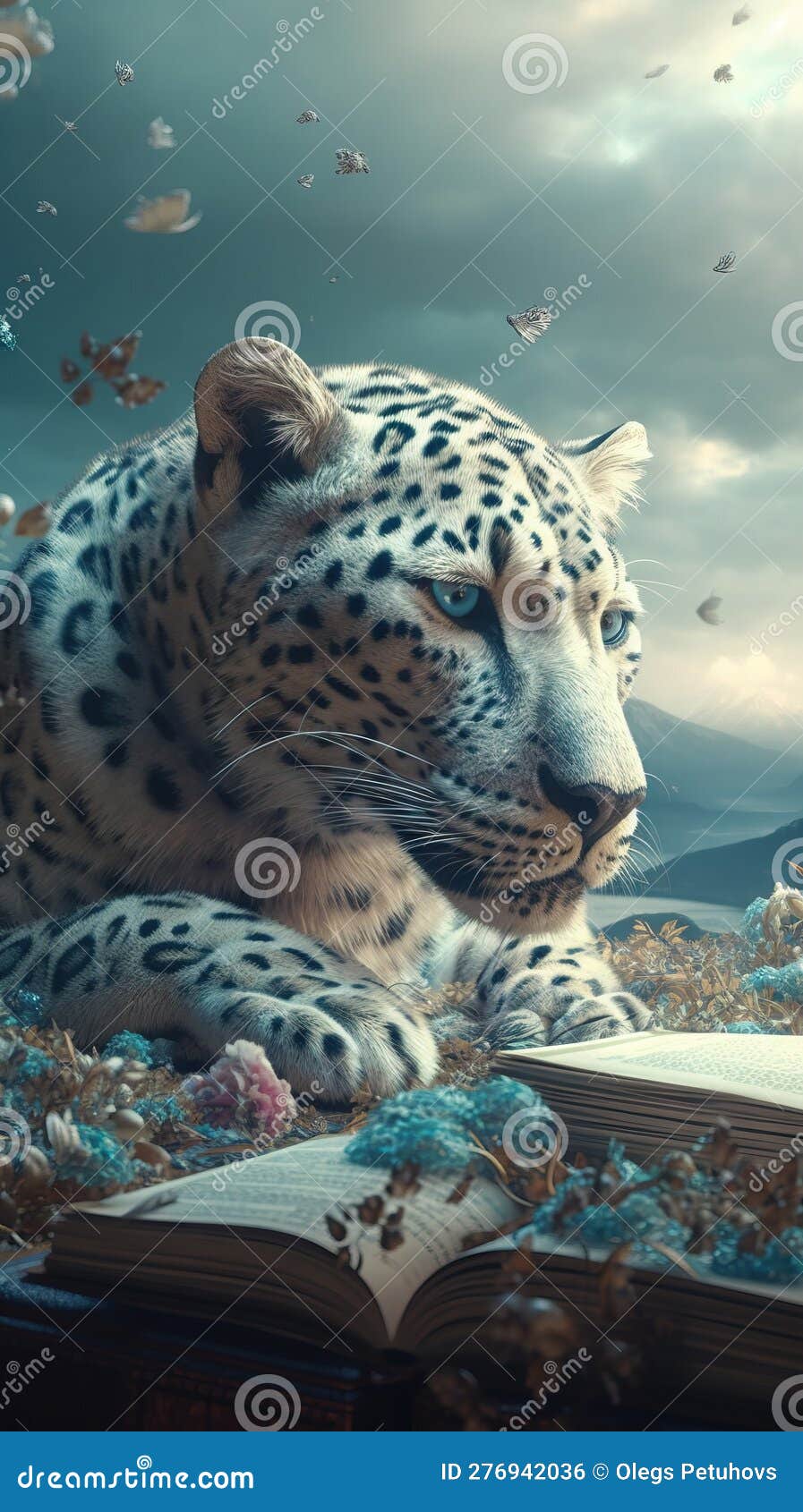 A White Leopard Laying on Top of a Book in a Field Stock Illustration ...