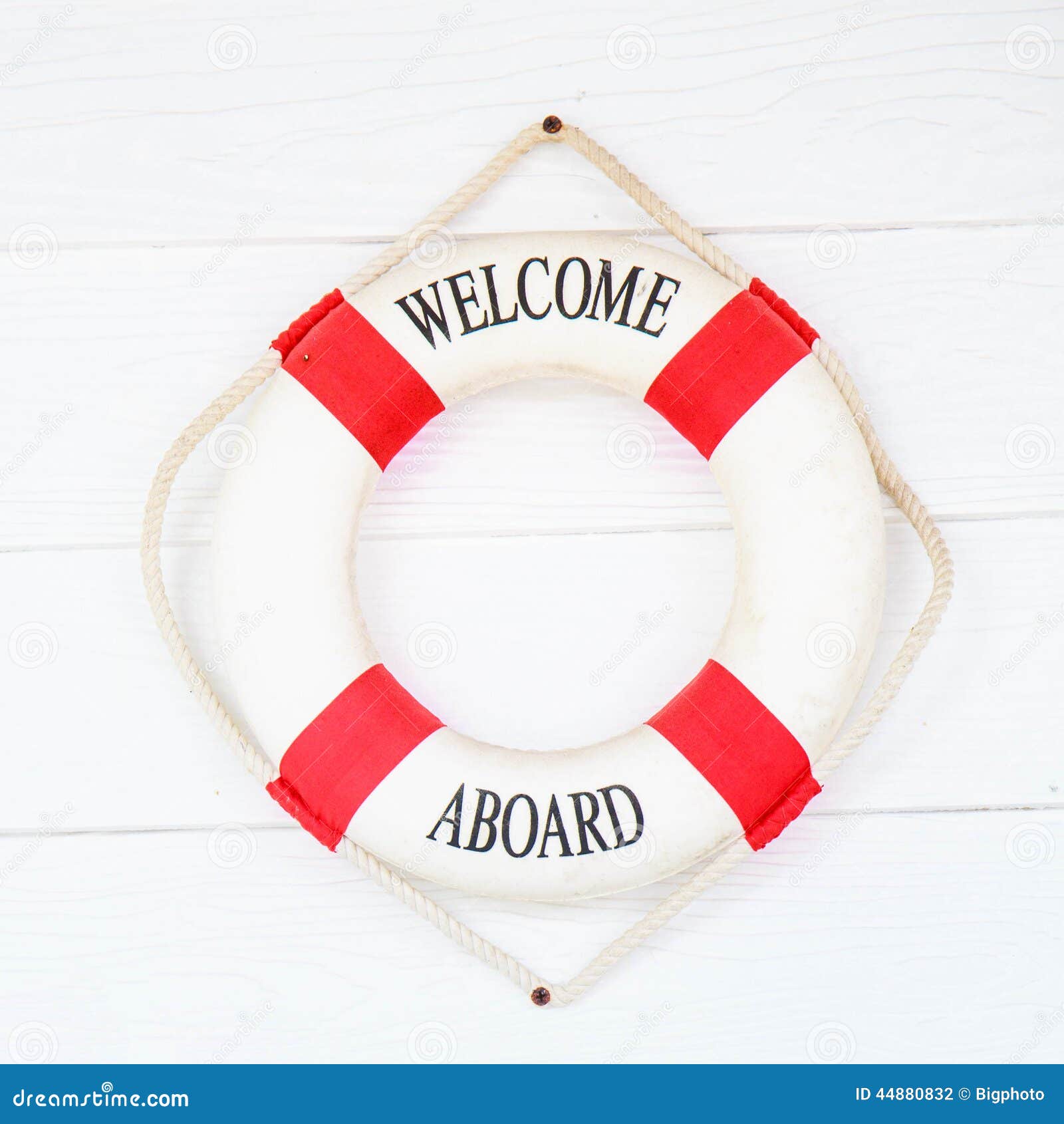 White Life Buoy with Welcome Aboard on White Wall Stock Photo - Image ...