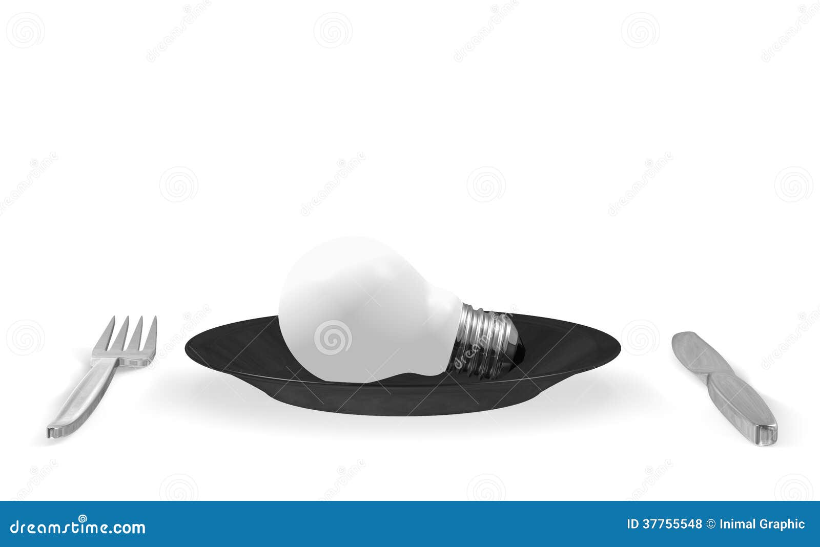 White Light Bulb, Black Plate, Steel Fork and Knife. Front View Stock ...