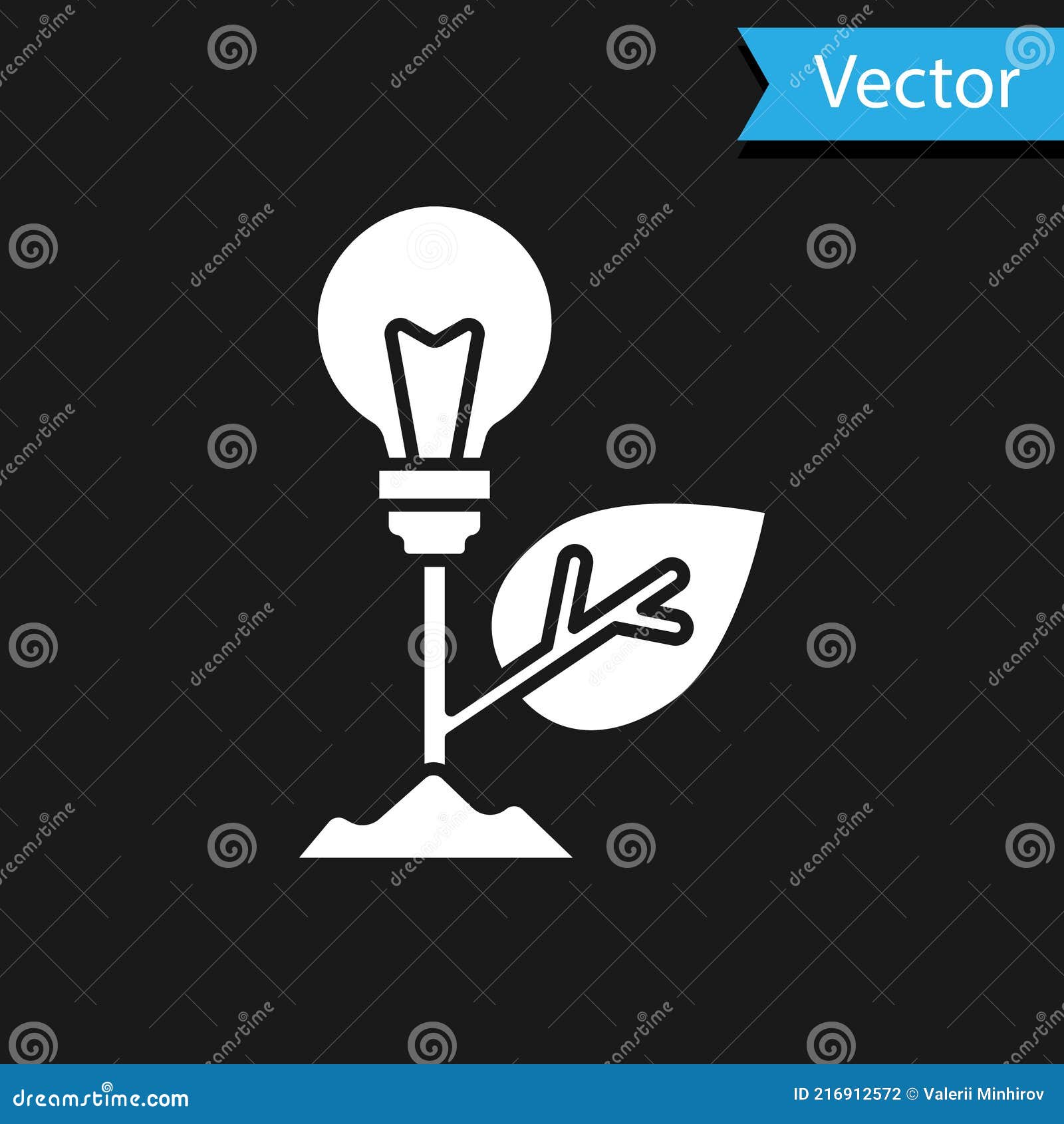 White Light Bulb with Leaf Icon Isolated on Black Background. Eco ...