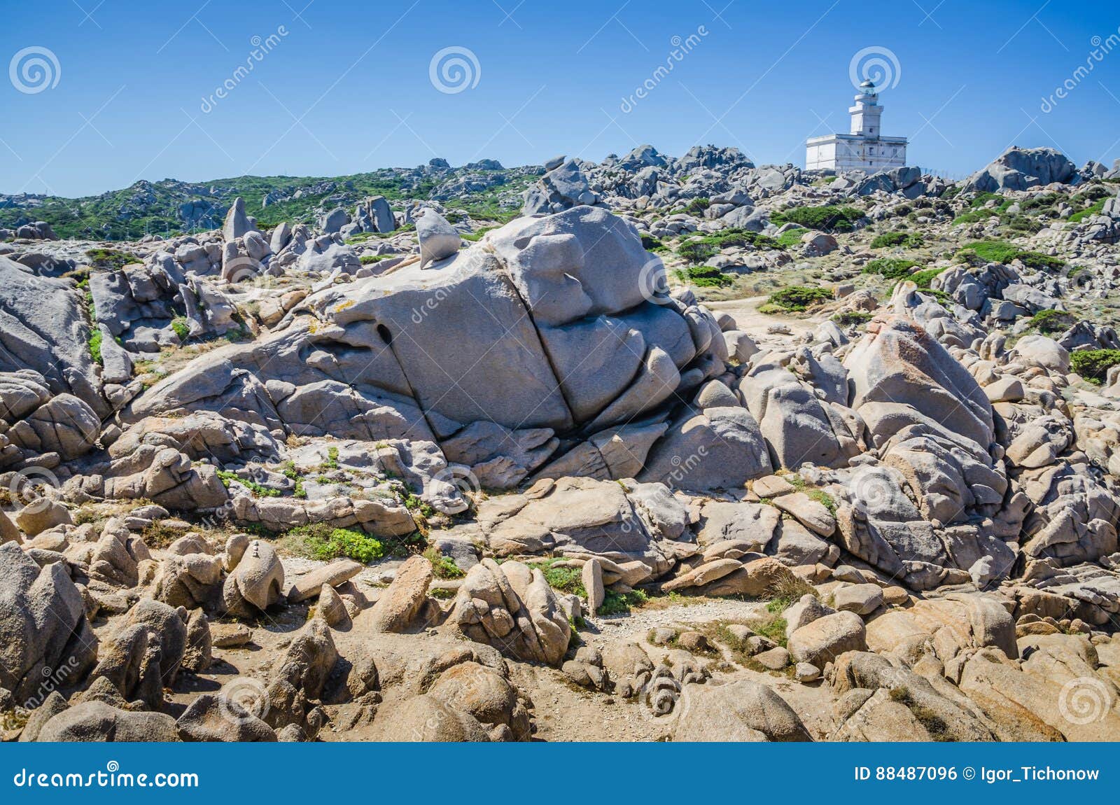 White Lighthouse of Capo Testa in North Sardinia, Hudge Granite Rocks ...
