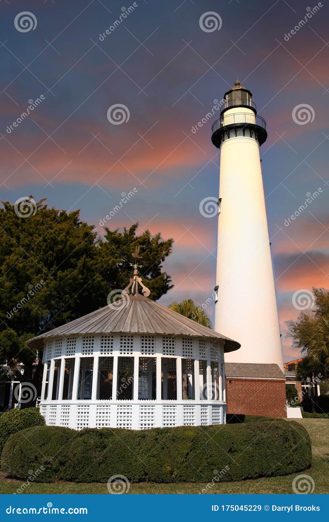 White Lighthouse and Gazebo Under Dusk Skies Stock Image - Image of ...
