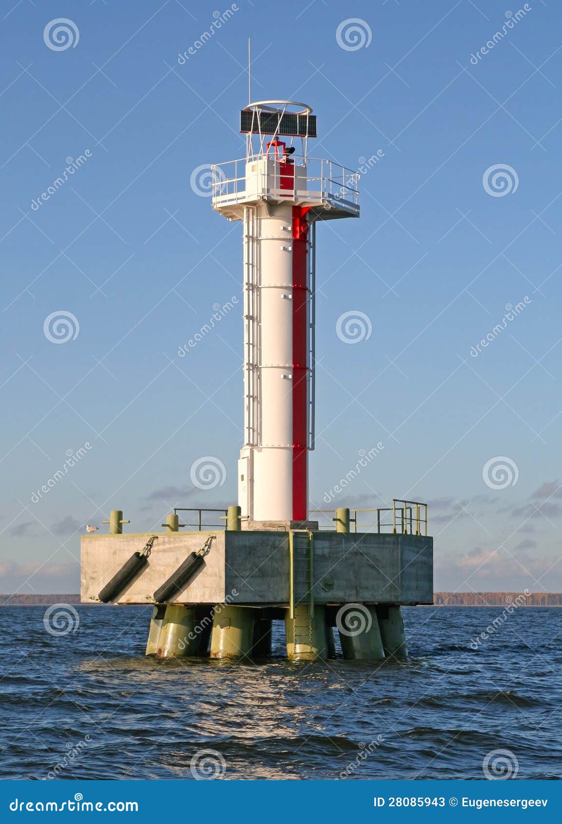 White Lighthouse Tower with Red Stripe Stock Image - Image of lamp ...