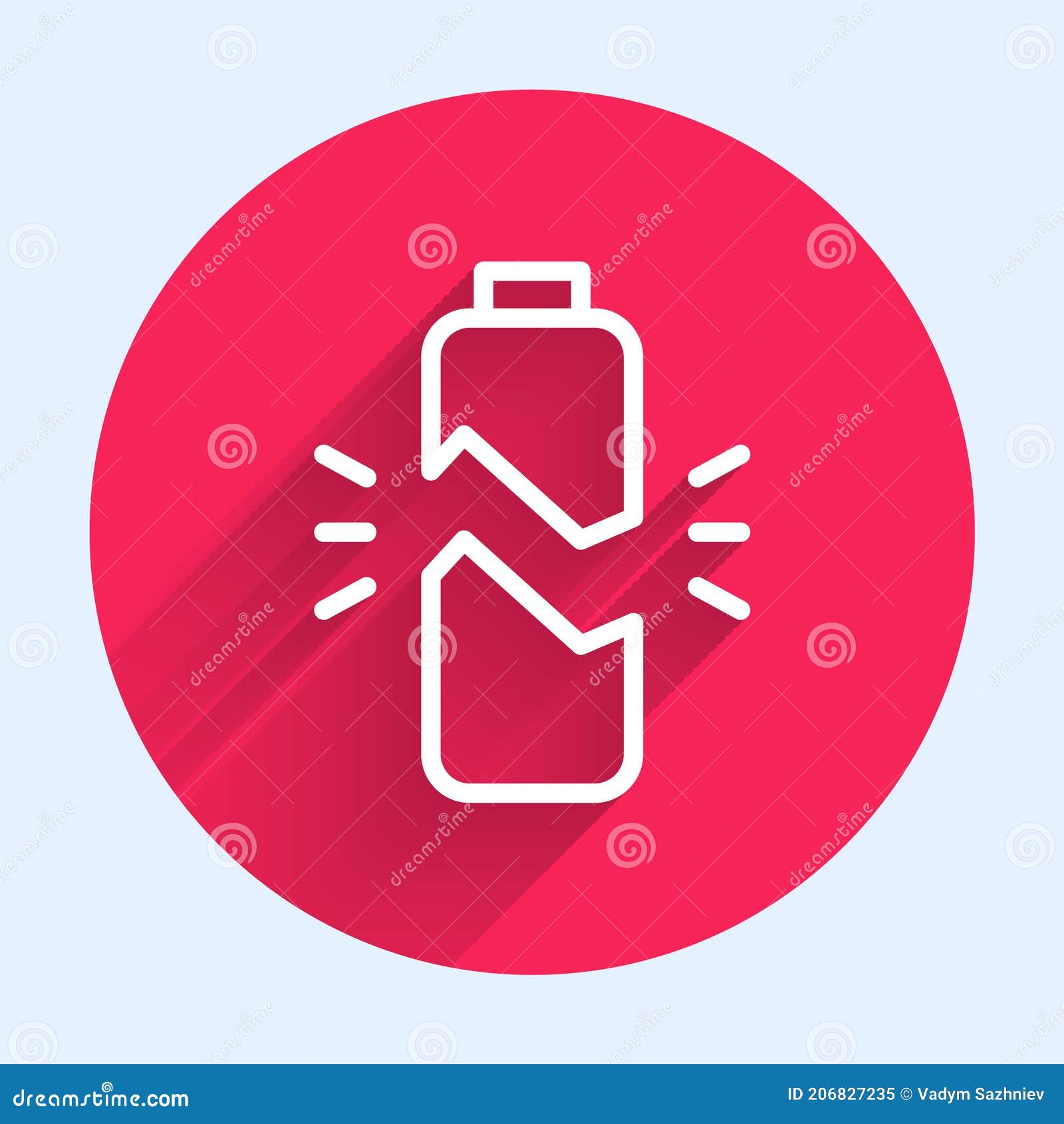 White Line Broken Battery Icon Isolated with Long Shadow. Red Circle ...