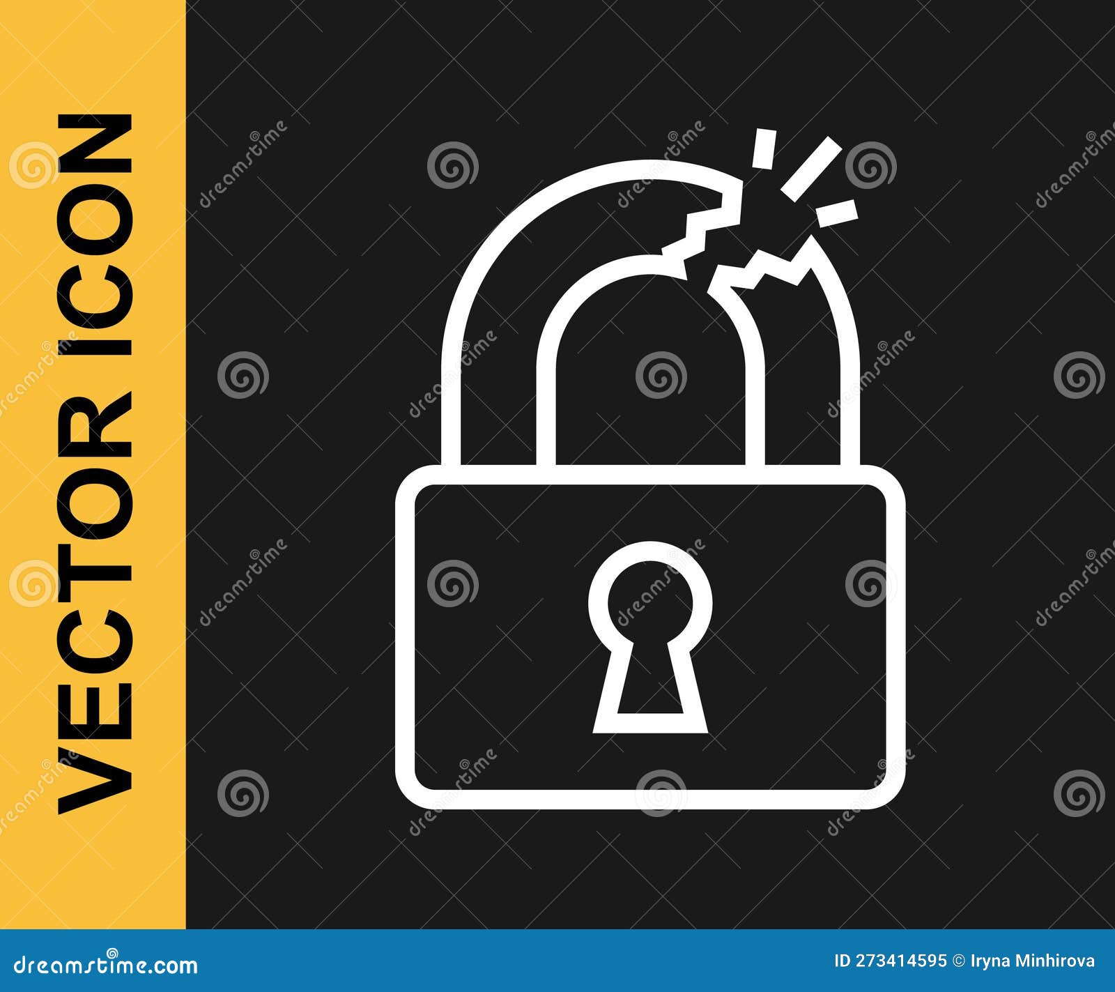 White Line Broken or Cracked Lock Icon Isolated on Black Background ...