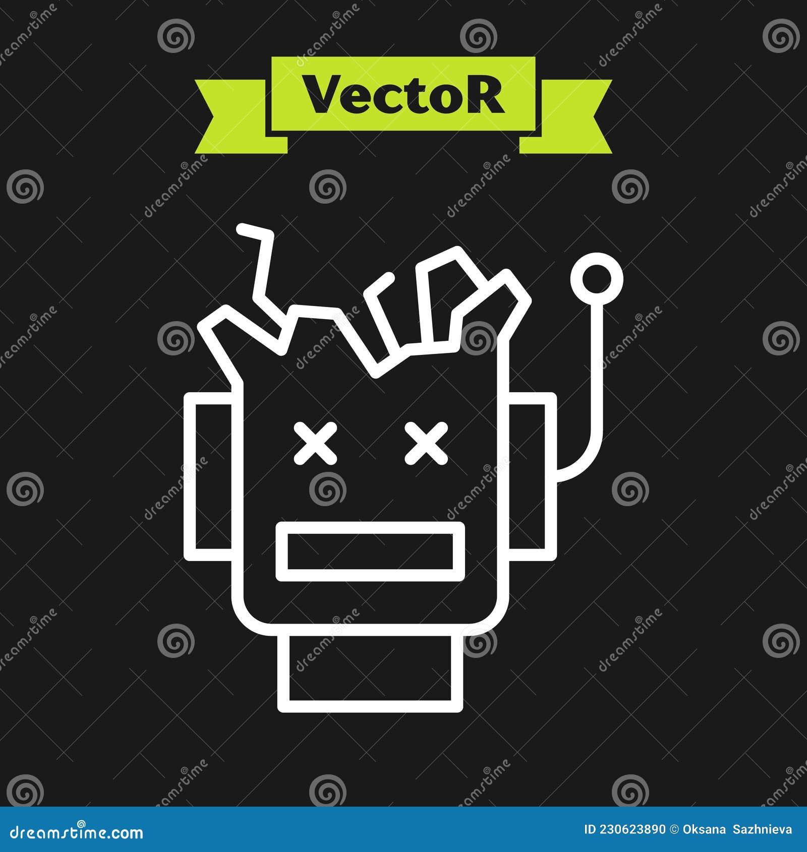 White Line Broken Robot Icon Isolated on Black Background. Artificial ...